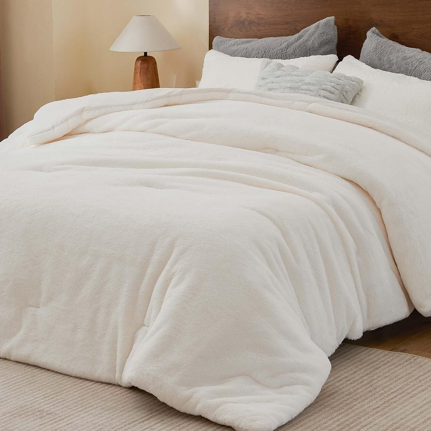 Faux Fur Fleece King Comforter Set - Fluffy & Warm Cream White ...