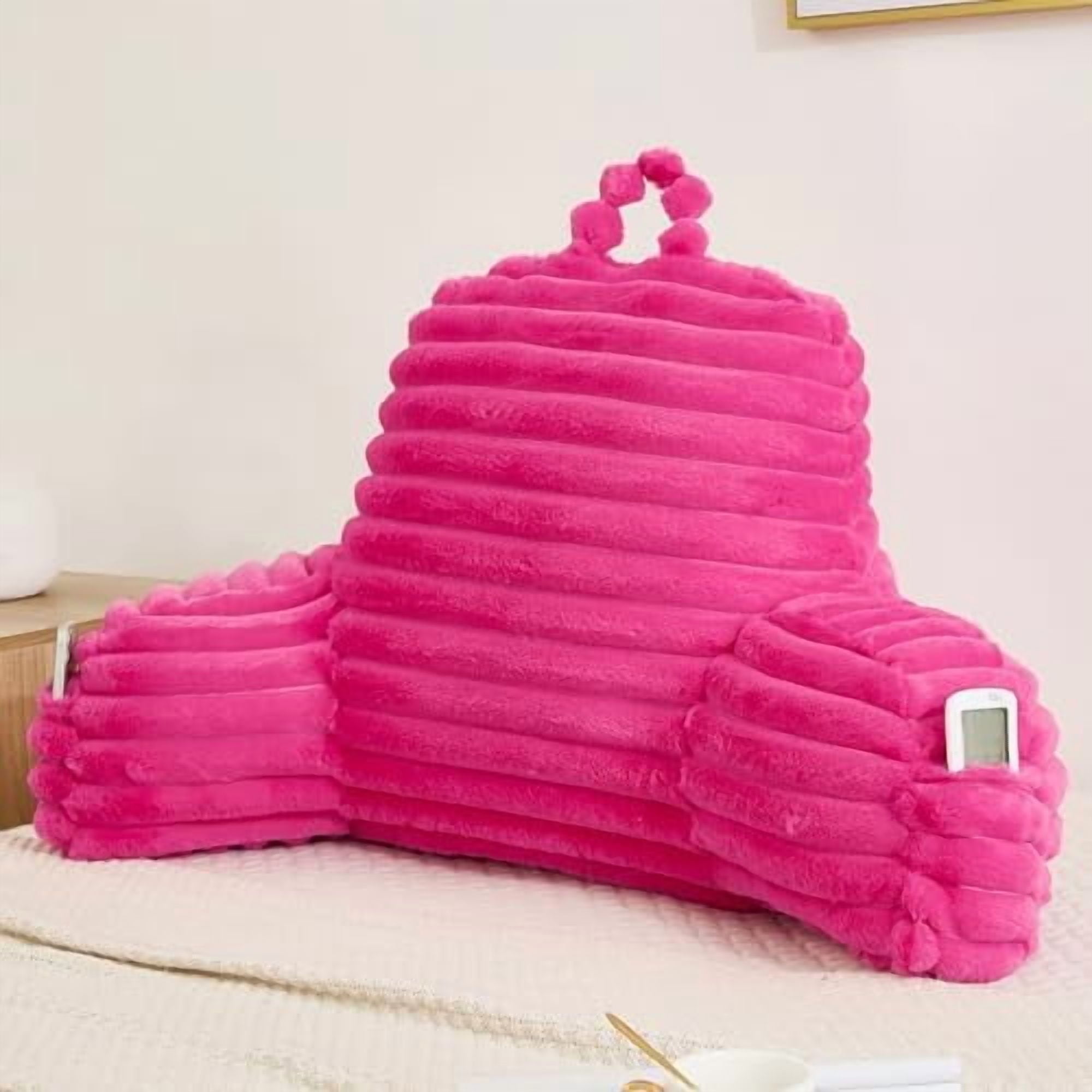 Faux Fur Fluffy Gray Reading Pillow with Pockets, Luxury Striped Plush ...
