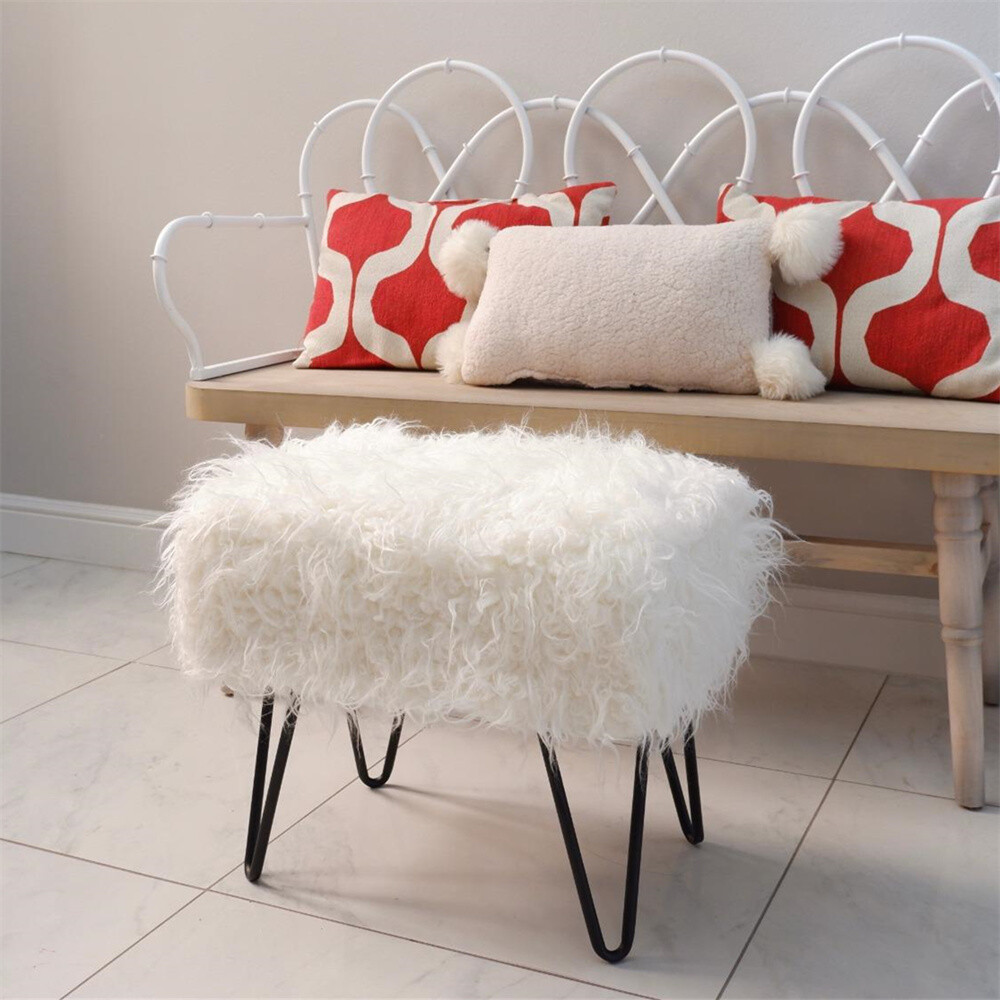 Faux Fur Foot Stool Ottoman – Upholstered Vanity Chair w/Natural Wood ...
