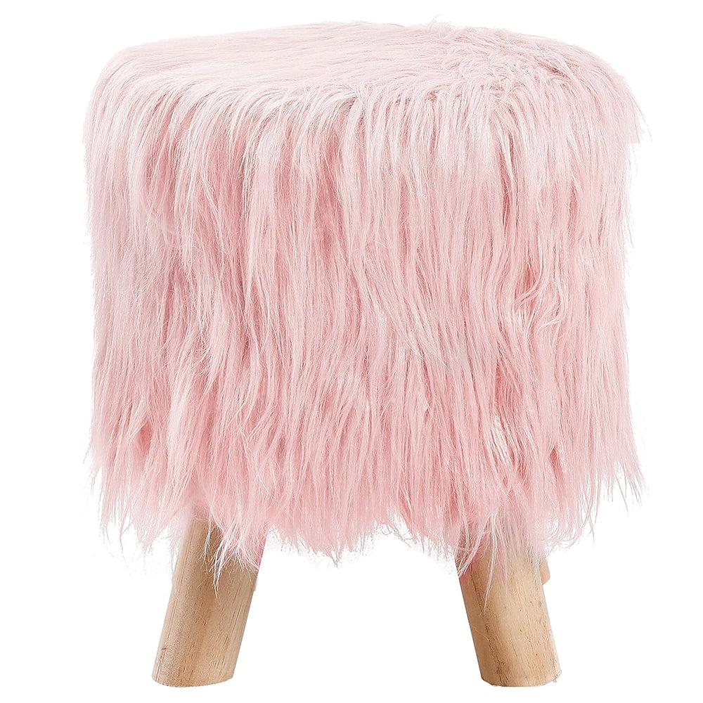 Faux Fur Foot Stool, Soft Compact Padded Seat, Vanity Seat with Wood ...