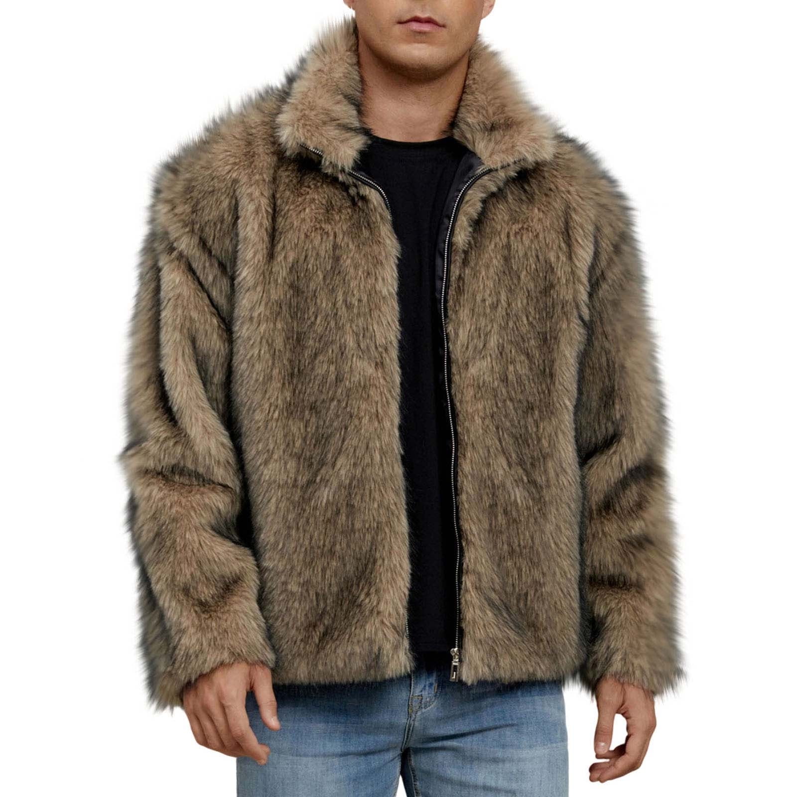 Faux Fur Jacket for Mens Zip Up Lapel Fluffy Furry Coats Long Sleeve ...