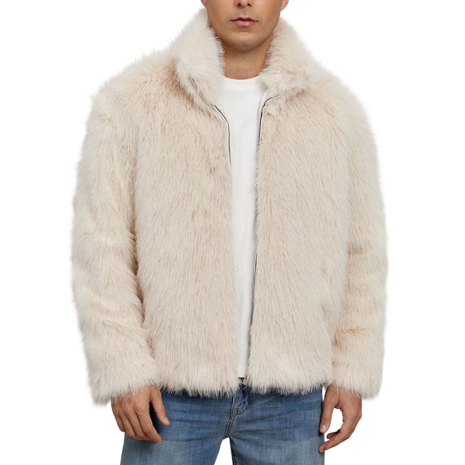 Faux Fur Jacket for Mens Zip Up Lapel Fluffy Furry Coats Long Sleeve ...