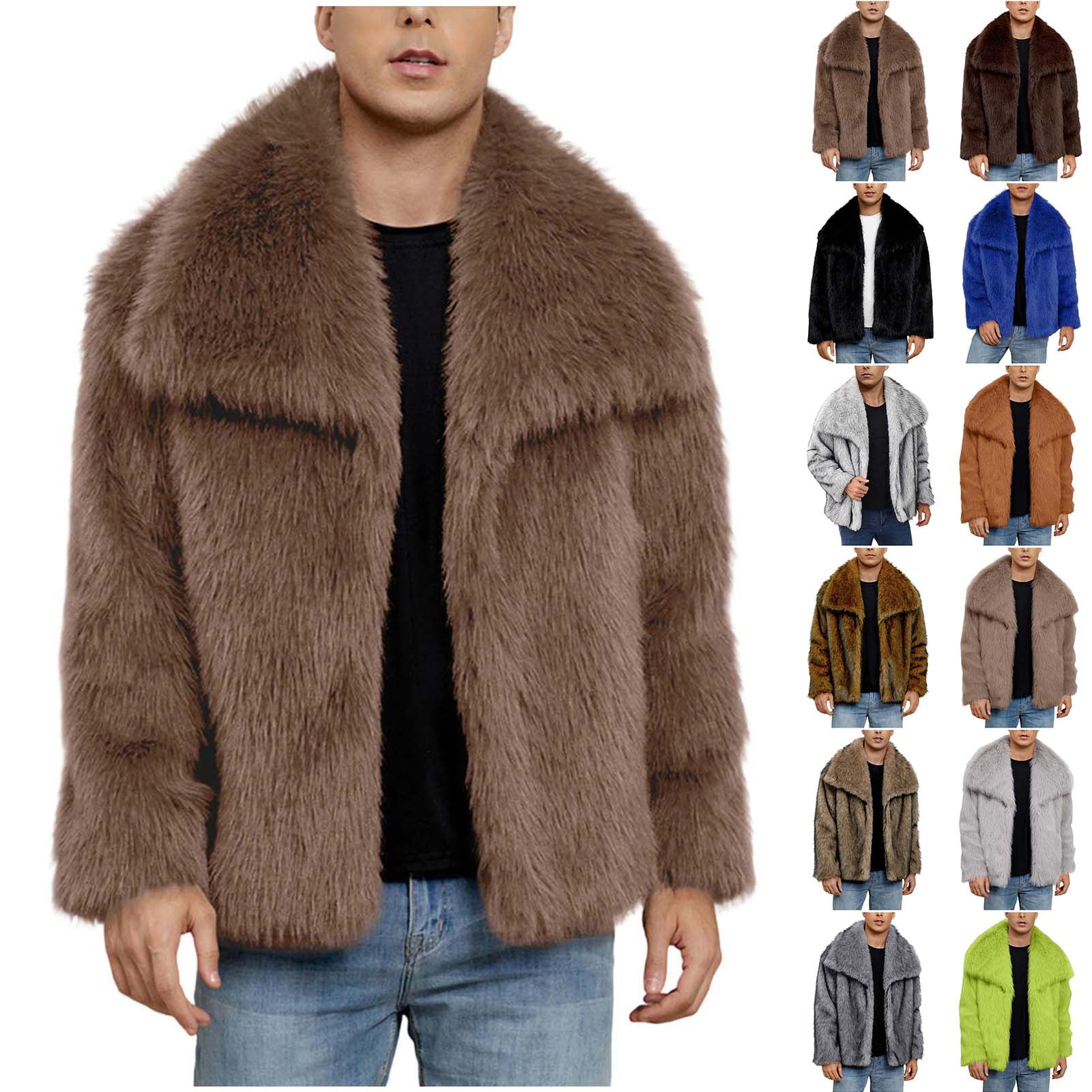 Faux Fur Jacket for Mens Zip Up Lapel Fluffy Furry Coats Long Sleeve ...