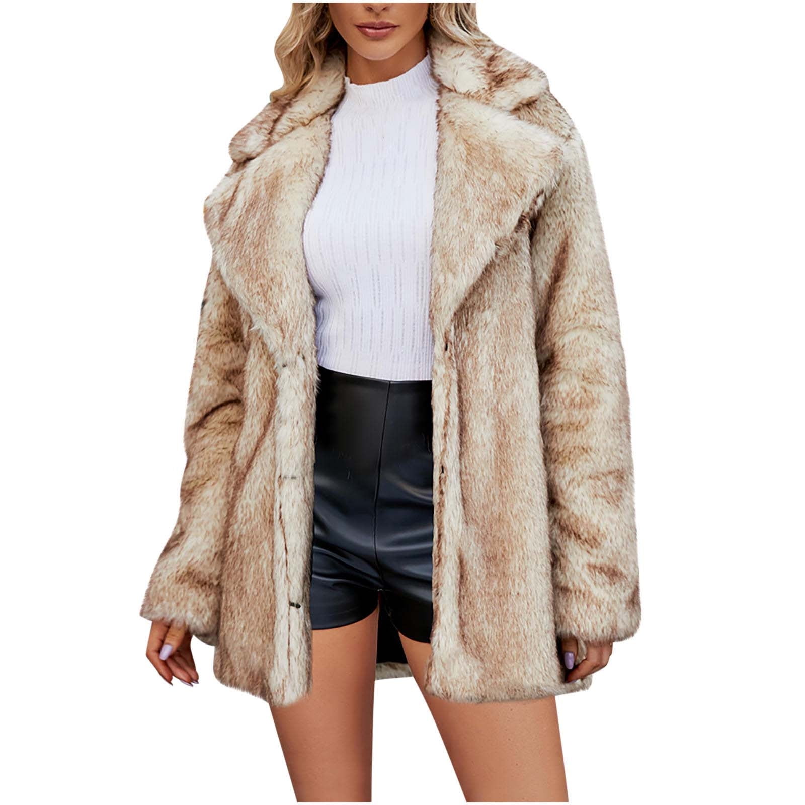 Faux Fur Mid Long Jacket Womens Elegant Notch Collar Fuzzy Fluffy ...