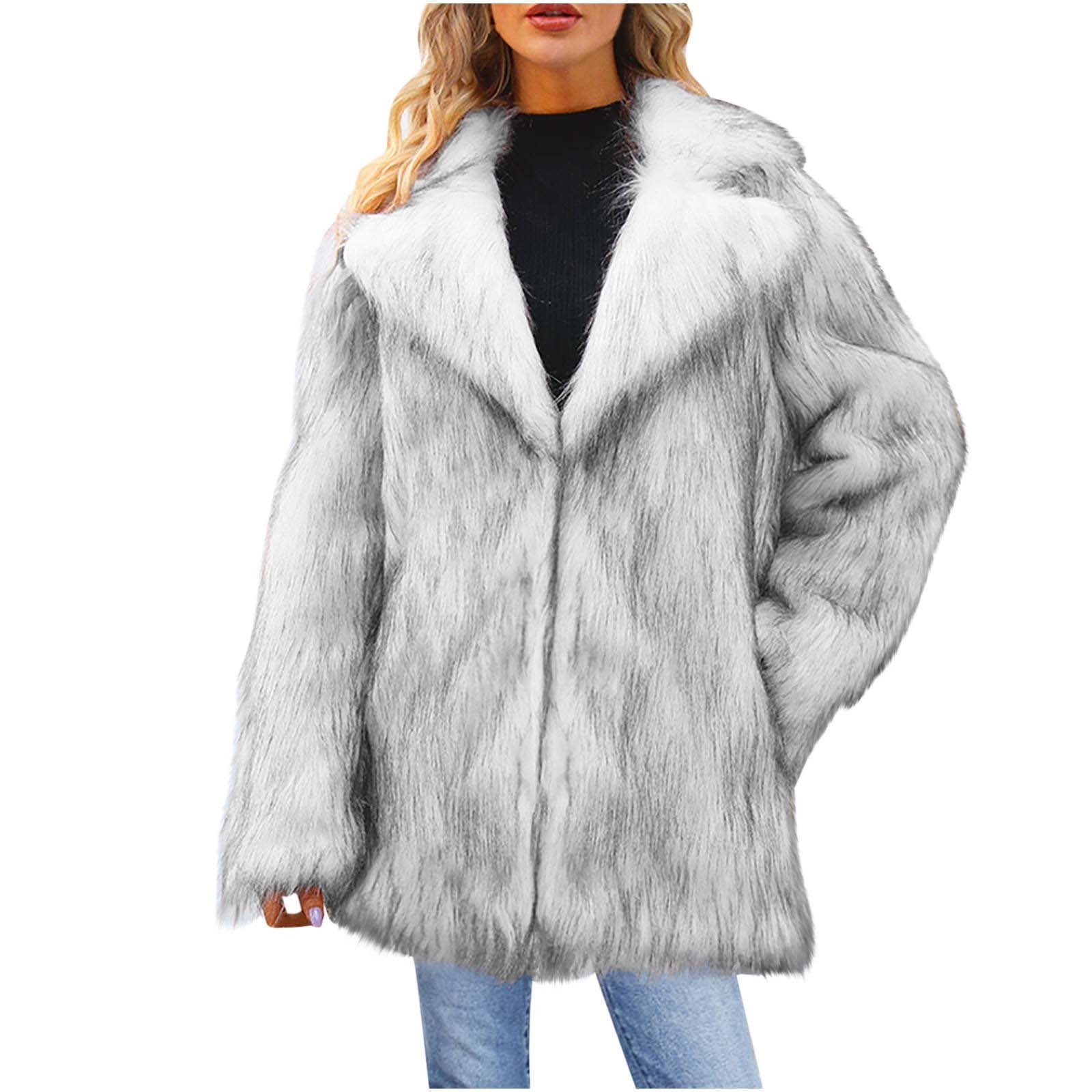 Faux Fur Mid Long Jacket Womens Elegant Notch Collar Fuzzy Fluffy ...