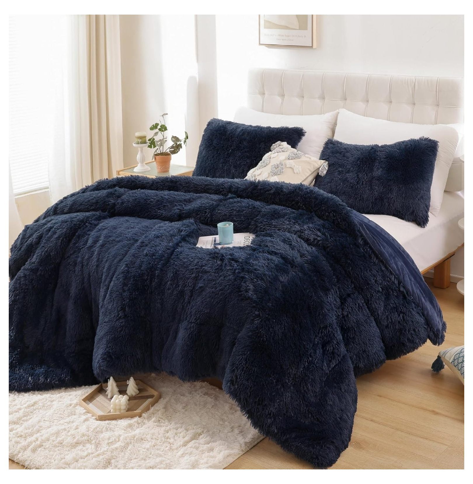 Faux Fur Navy Blue Comforter Set Queen Size 3Pcs Fluffy Fuzzy Plush ...