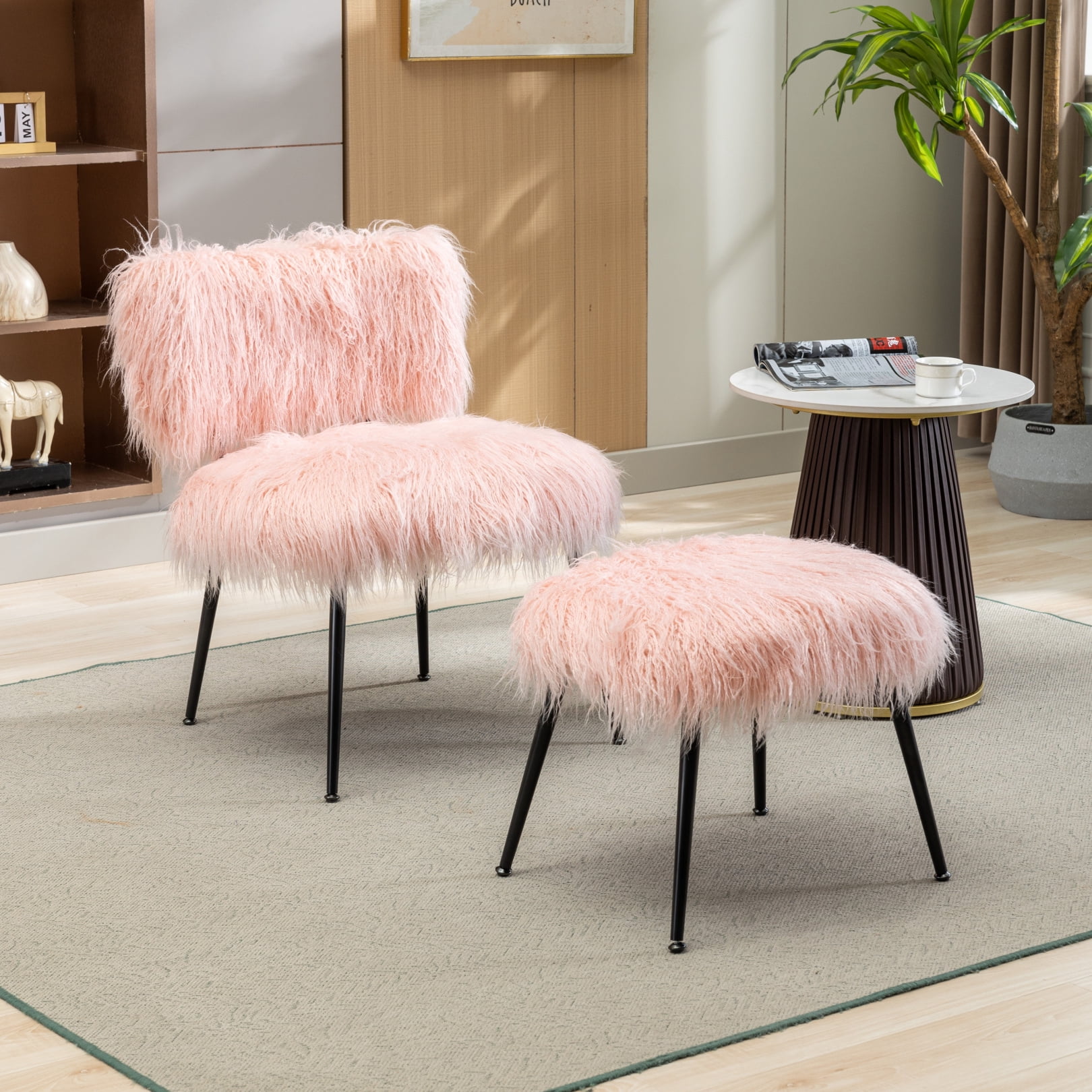 Fuzzy Faux Fur Plush Chair with Ottoman, 25.2'' Wide, Armless, Metal ...