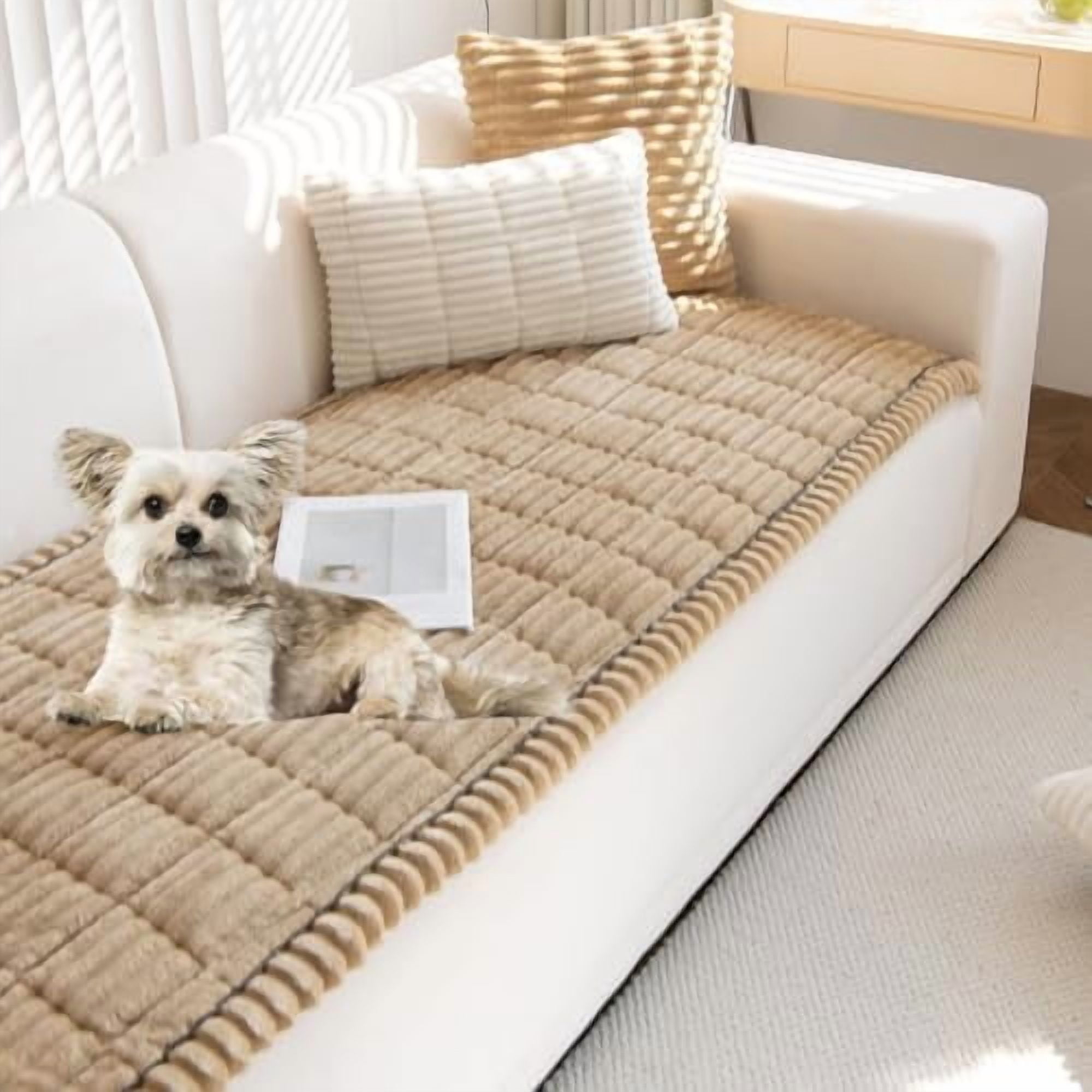 Faux Fur Plush Dog Couch Cover 3D Stripe Fuzzy Sofa Cover Non-Slip ...