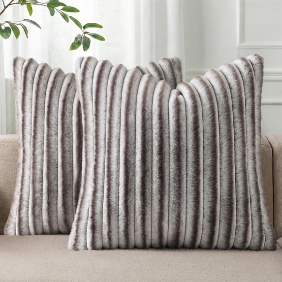 Faux Fur Plush Lumbar Pillow Covers 12x20 Set of 2 Soft Fluffy Striped ...