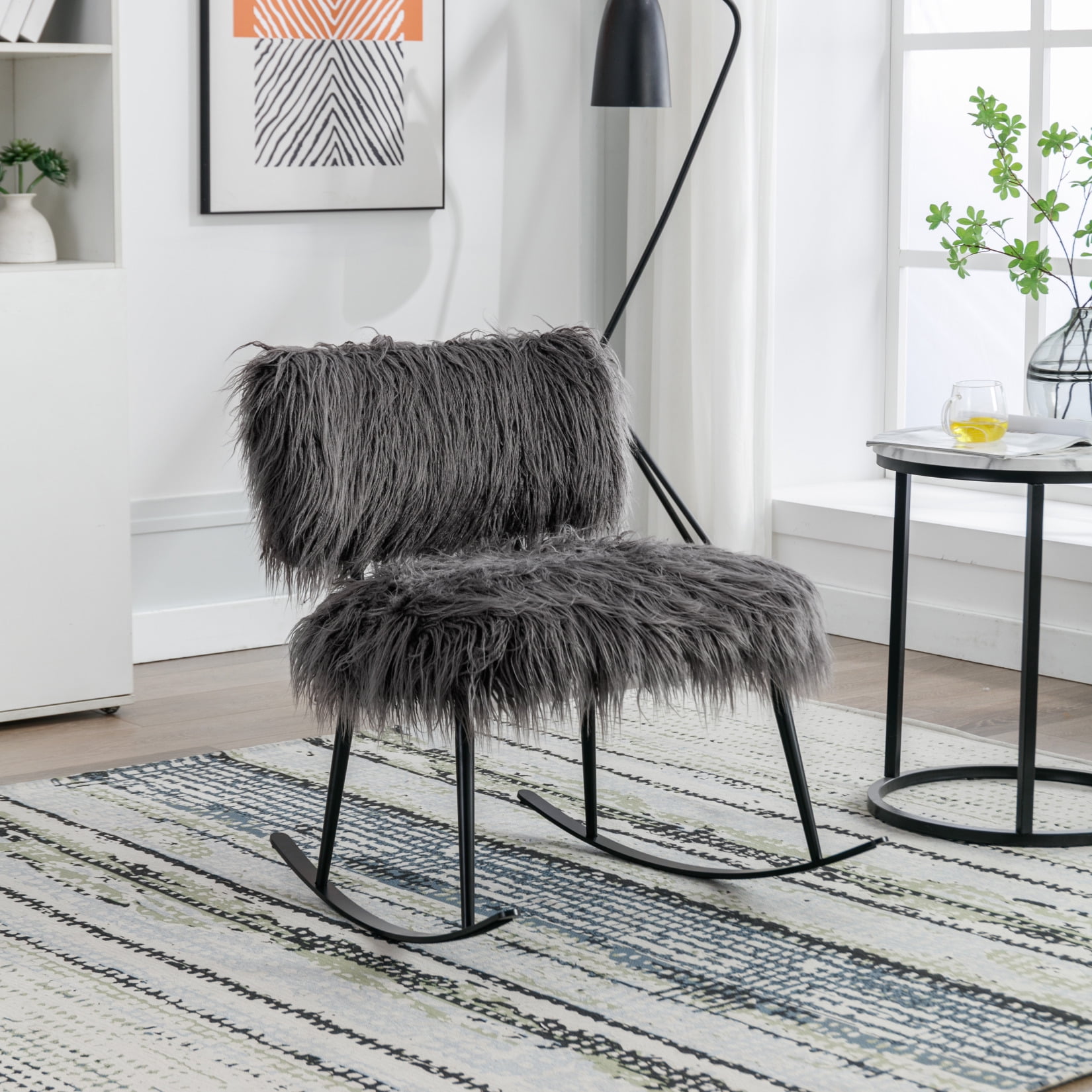 Faux Fur Plush Nursery Rocking Chair with Padded Seat and Metal Legs ...