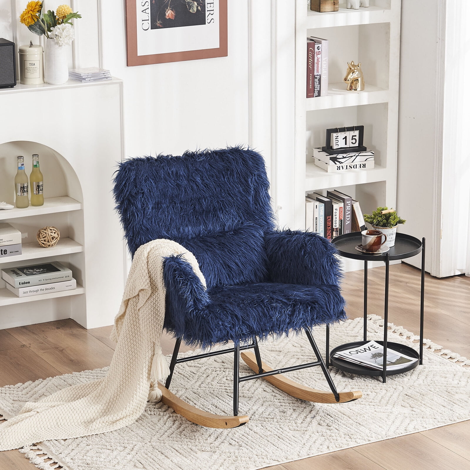 Faux Fur Plush Rocking Chair with Waist Pillow, Upholstered Glider ...