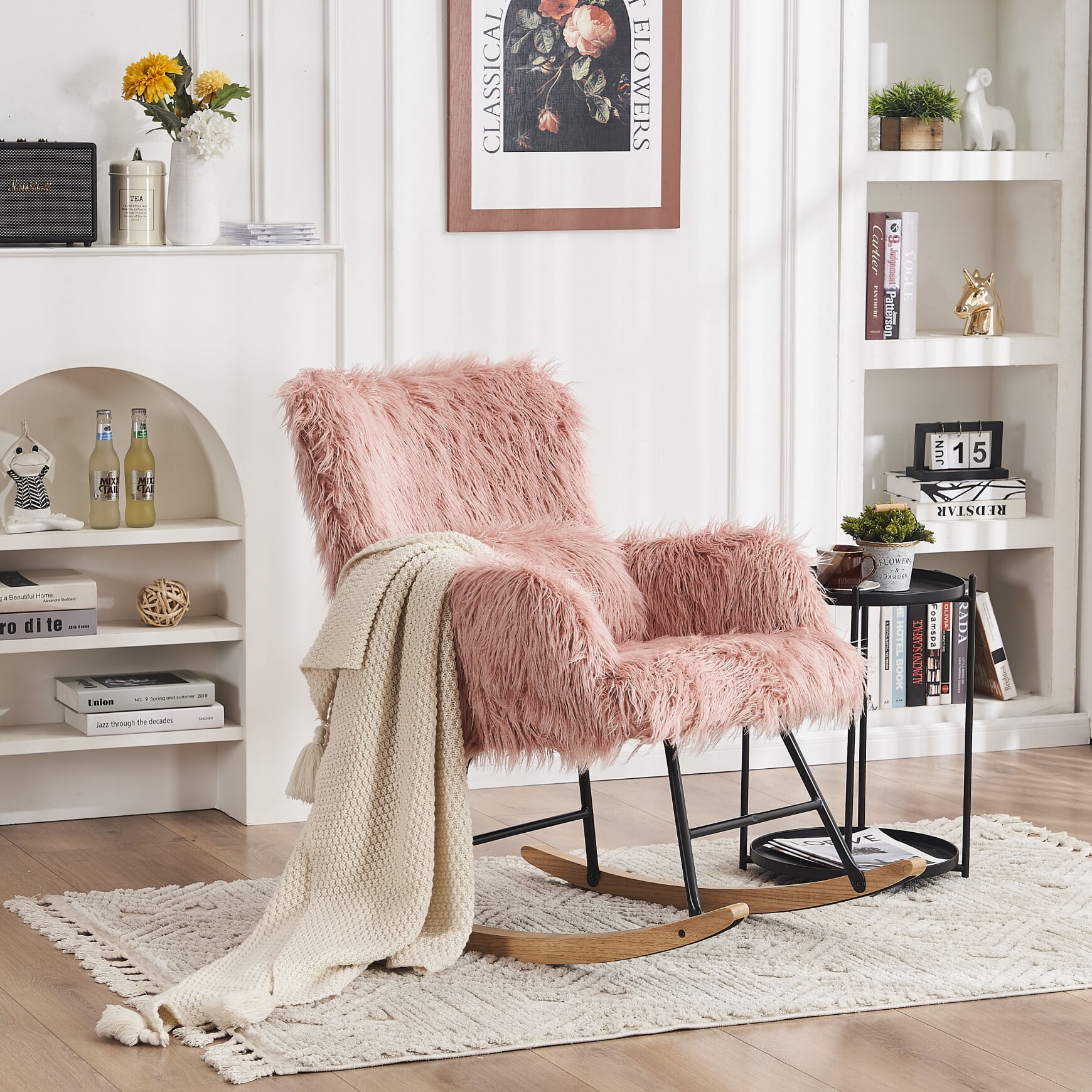 Faux Fur Plush Rocking Chair with Waist Pillow, Upholstered Glider ...
