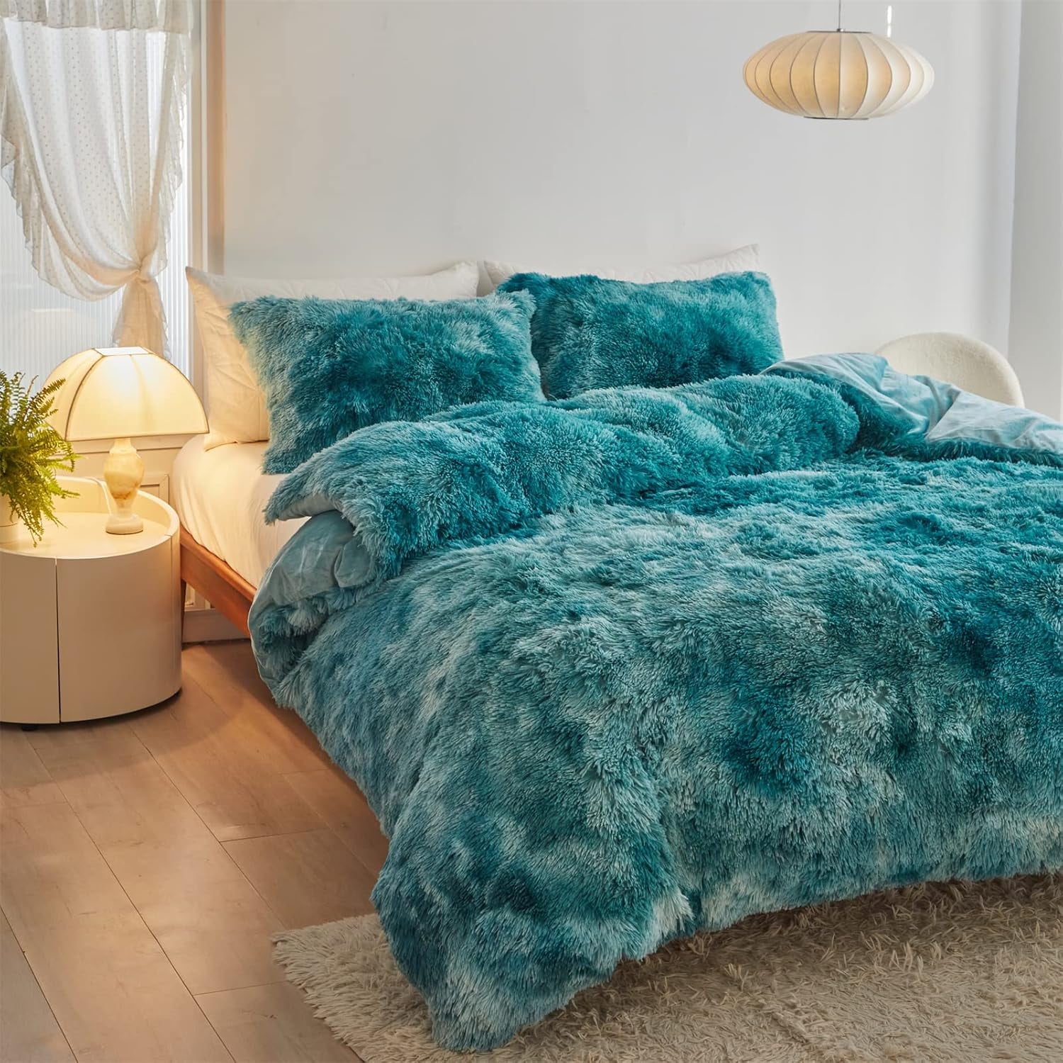 Faux Fur Plush Tie Dye Teal Comforter Set Fluffy Fuzzy Shaggy Bedding ...