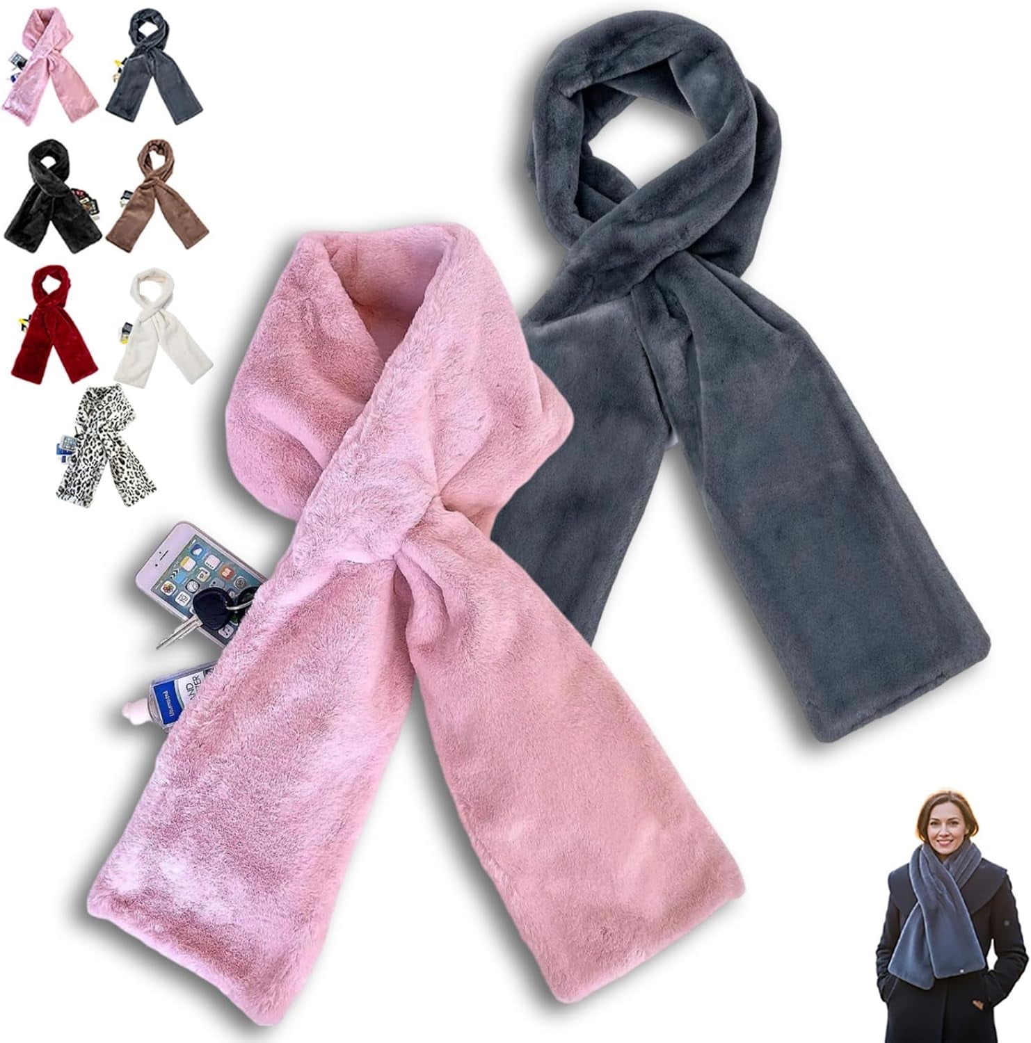 Faux Fur Pull-Through Winter Scarf with Hidden Zipper Pocket for Women ...