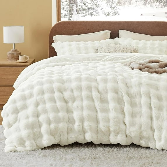 Faux Fur Queen Comforter Set - Beige Fluffy Comforter Queen Size, Soft ...