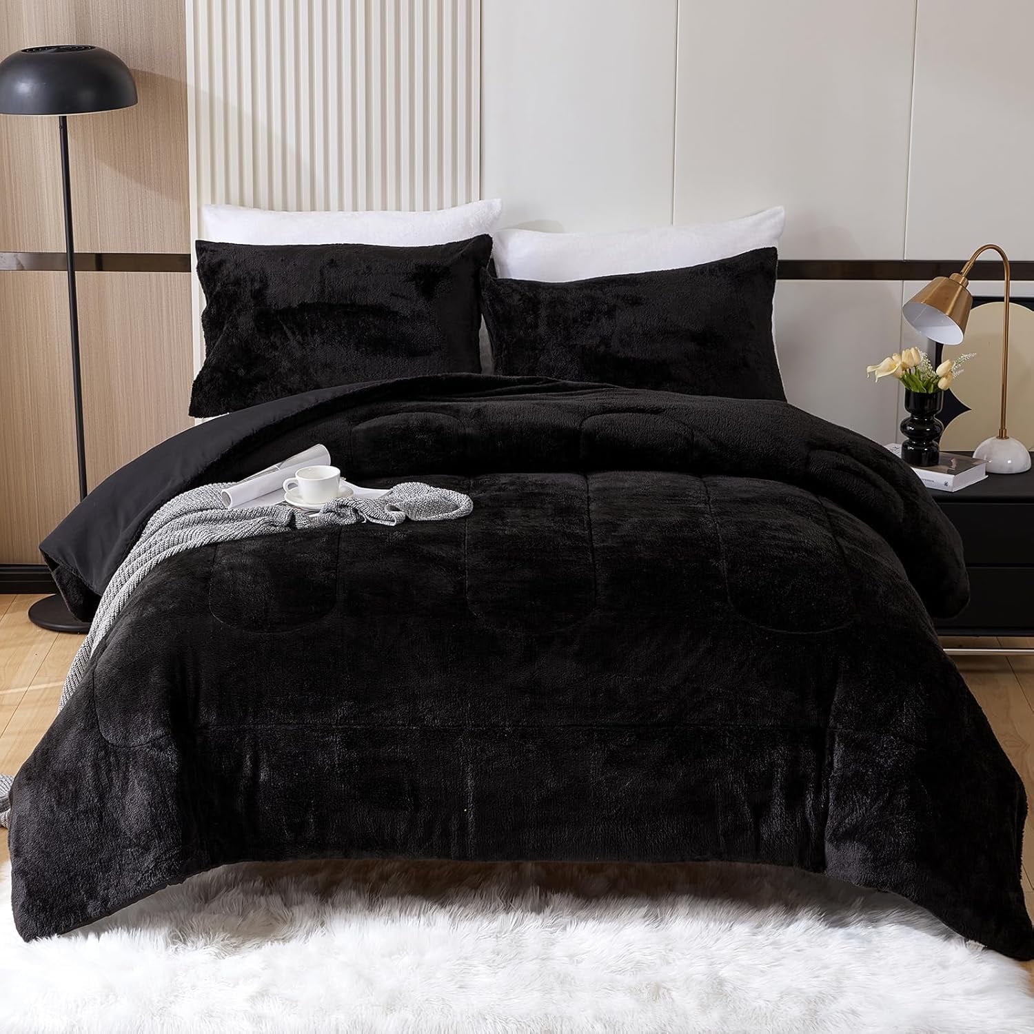 Faux Fur Queen Size Comforter Set, Luxury Ultra Soft Fluffy Comforter ...