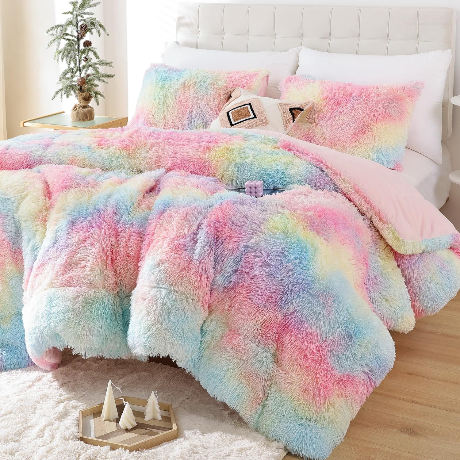 Faux Fur Rainbow Comforter Set Queen Size 3Pcs Tie Dye Colorful Fluffy ...