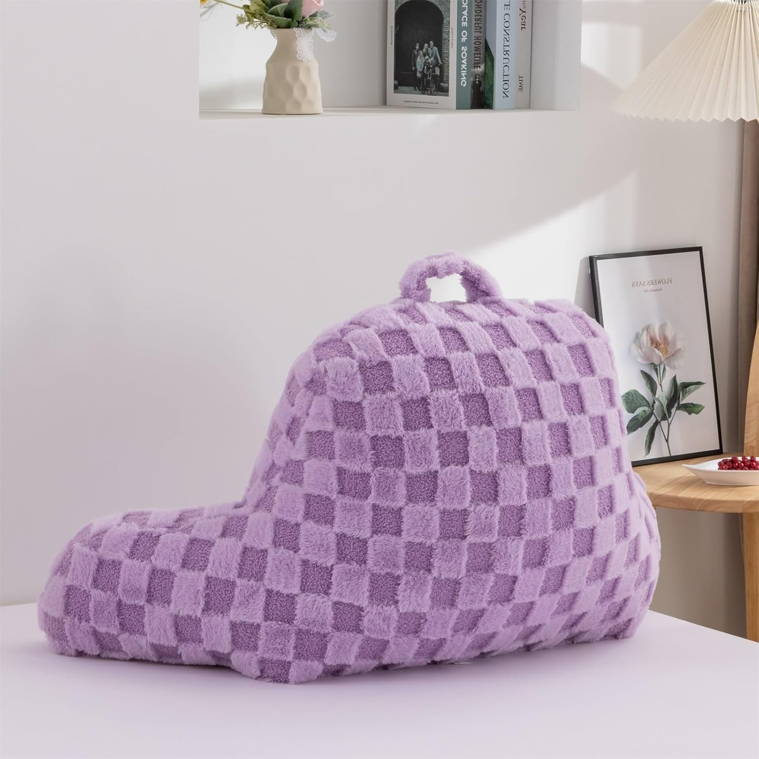 Faux Fur Reading Pillow, Checkered Fluffy Grid Plaid, Bed Wedge Pillow ...
