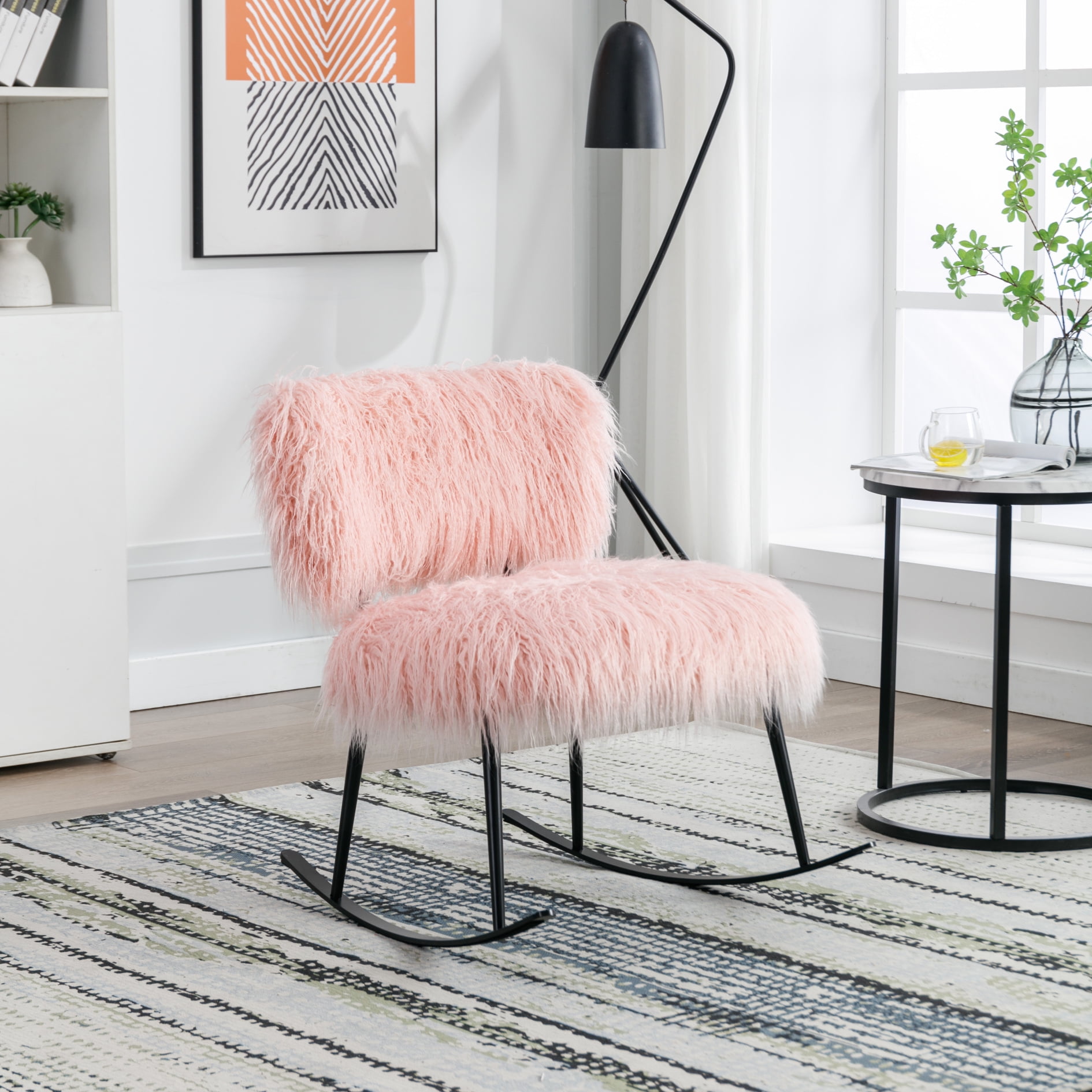 Faux Fur Rocking Chair, Glider Chair with Metal Legs and Upholstered ...