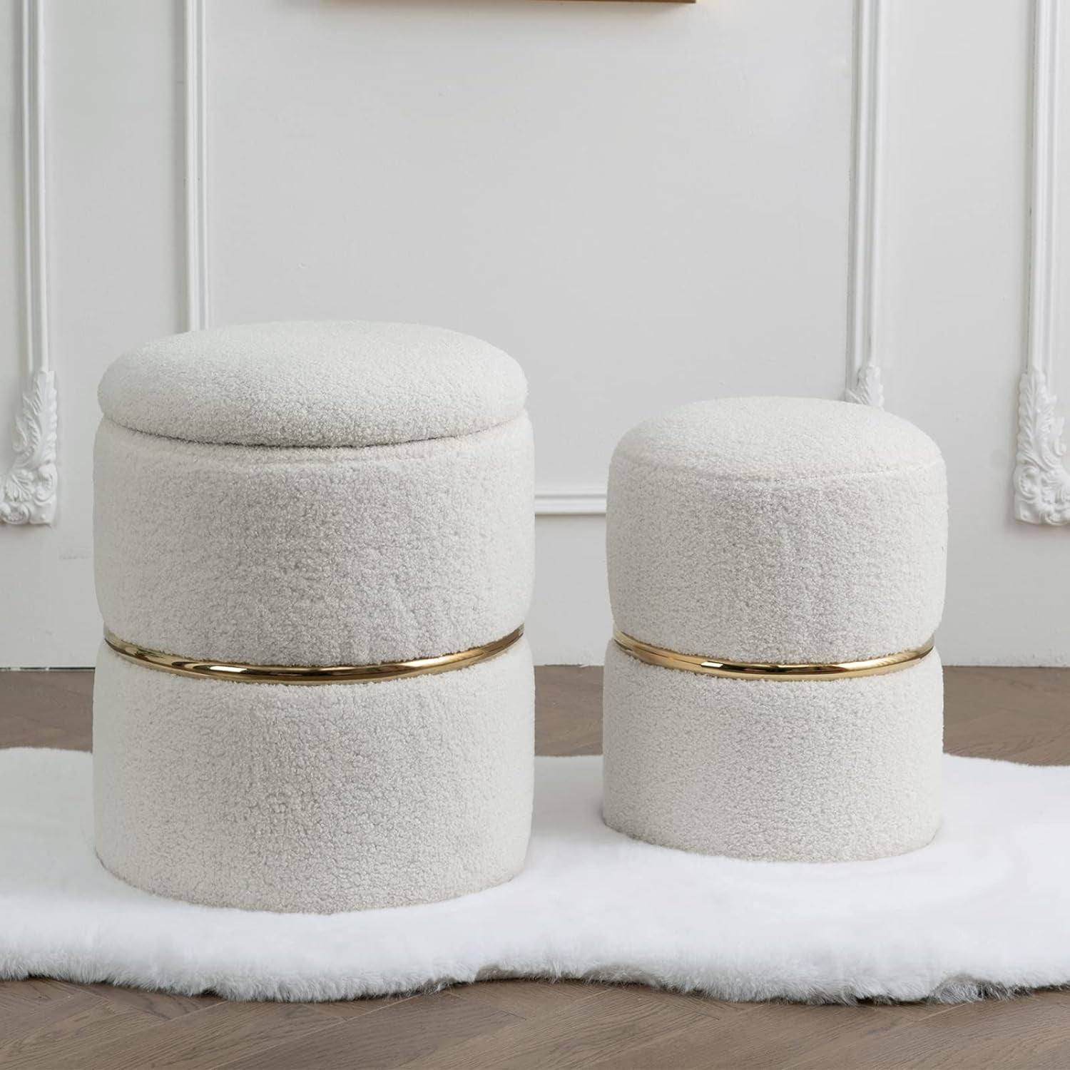 Faux Fur Round Storage Ottoman Upholstered Vanity Stool Foot Rest with ...