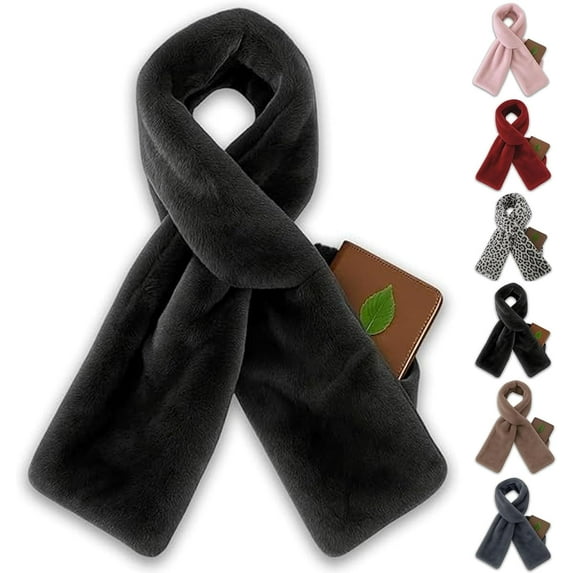 Faux Fur Scarf with Hidden Zipper Pocket, Womens Scarf with Pockets ...