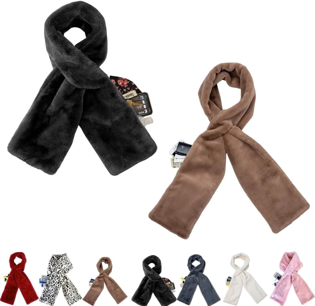 Faux Fur Scarf with Hidden Zipper Pocket for Women, 2026 Winter Soft ...