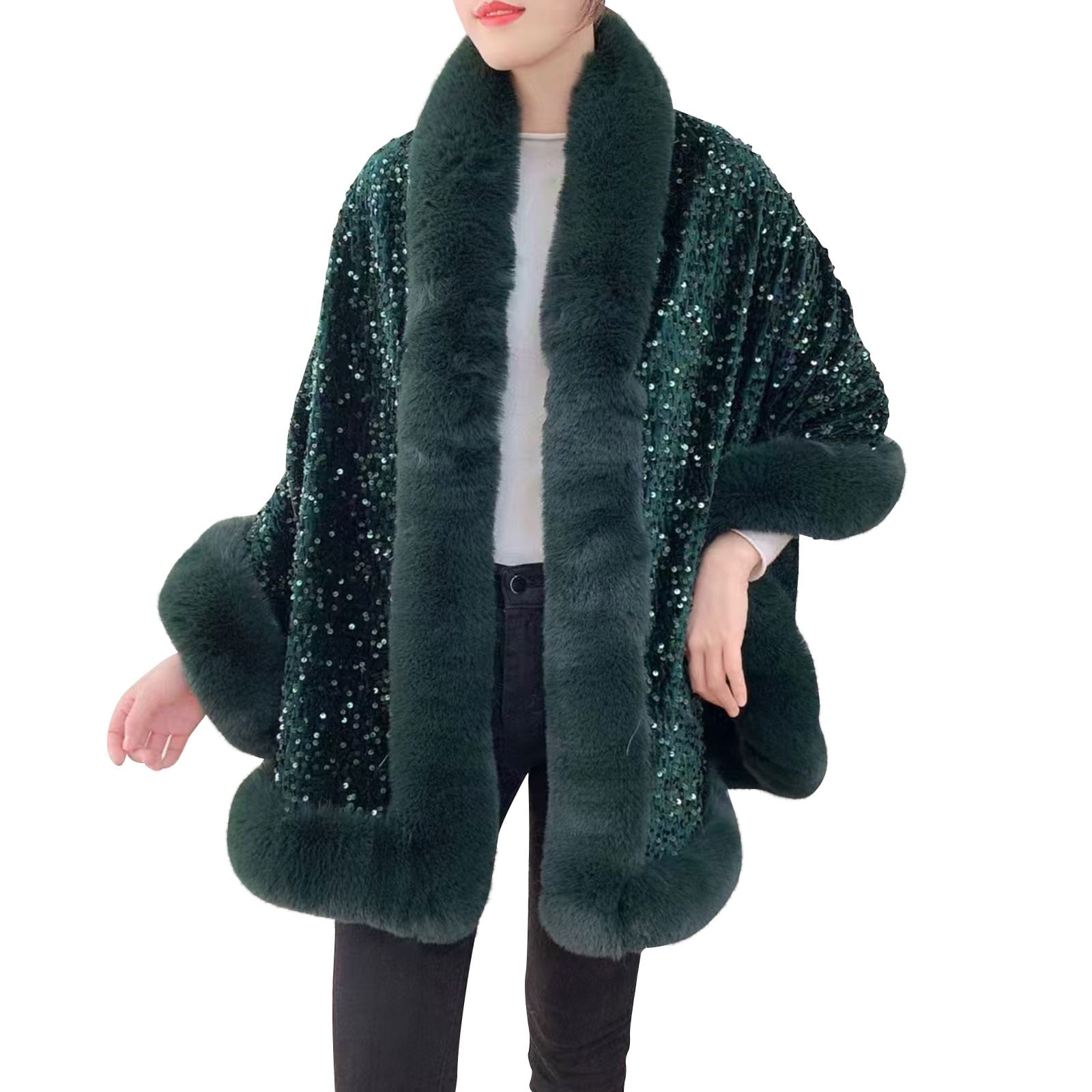 Faux Fur Shawl Cloak Cape for Women Winter Sequin Fur Coat Wedding ...