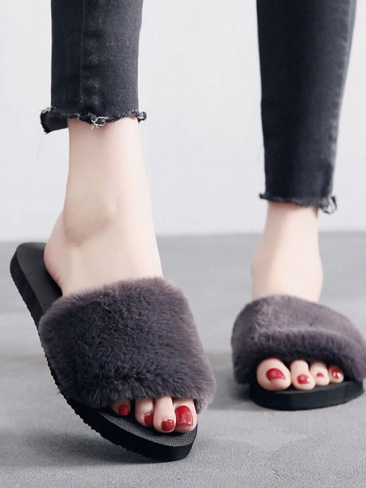 Faux Fur Slippers for Women,Fuzzy Slides Fluffy Sandals Open Toe Indoor ...