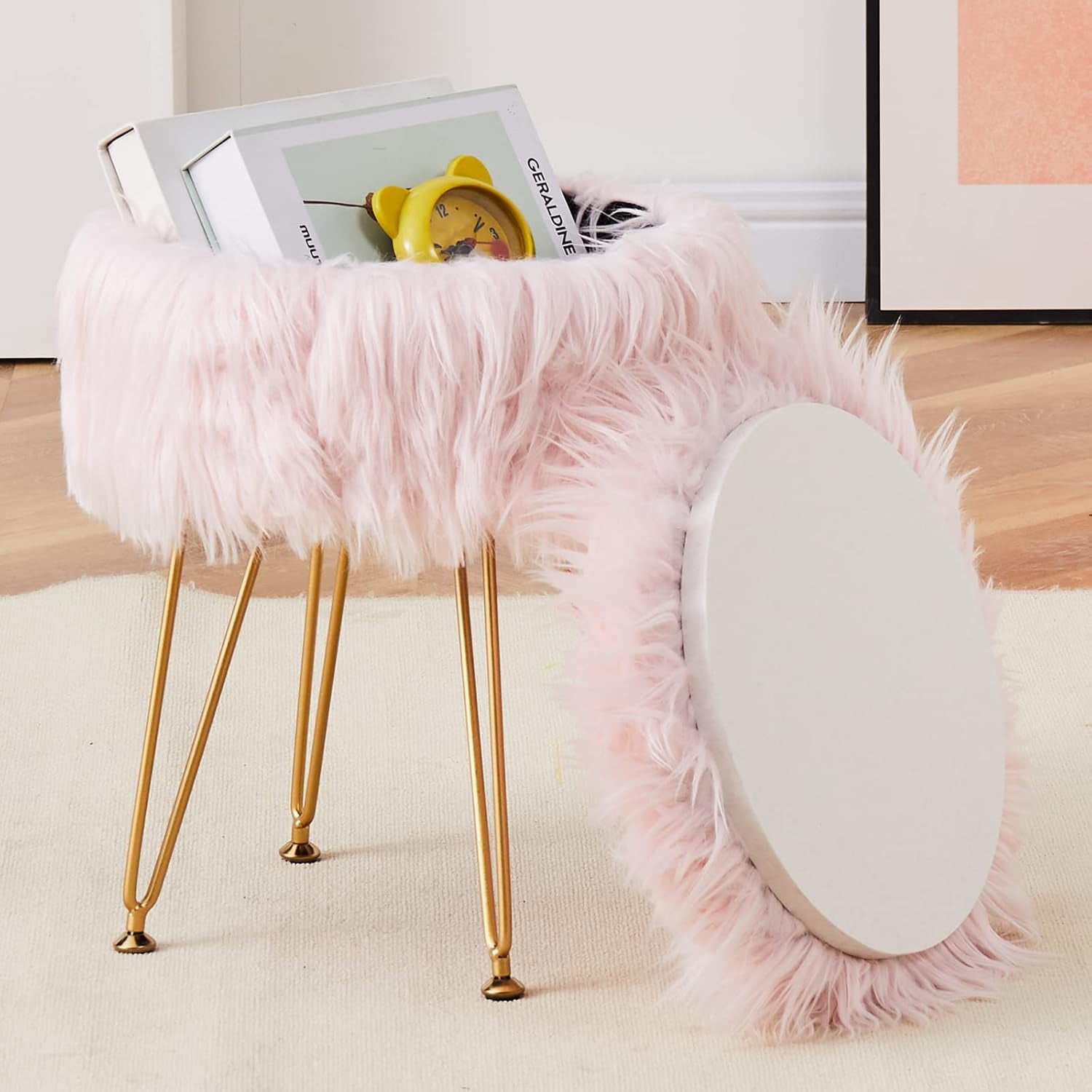 Faux Fur Storage Ottoman Round Furry Vanity Stool Marble Grain Tray ...