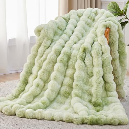 Faux Fur Throw Blanket, 1000GSM Fluffy Soft Bubble Blanket for Couch ...