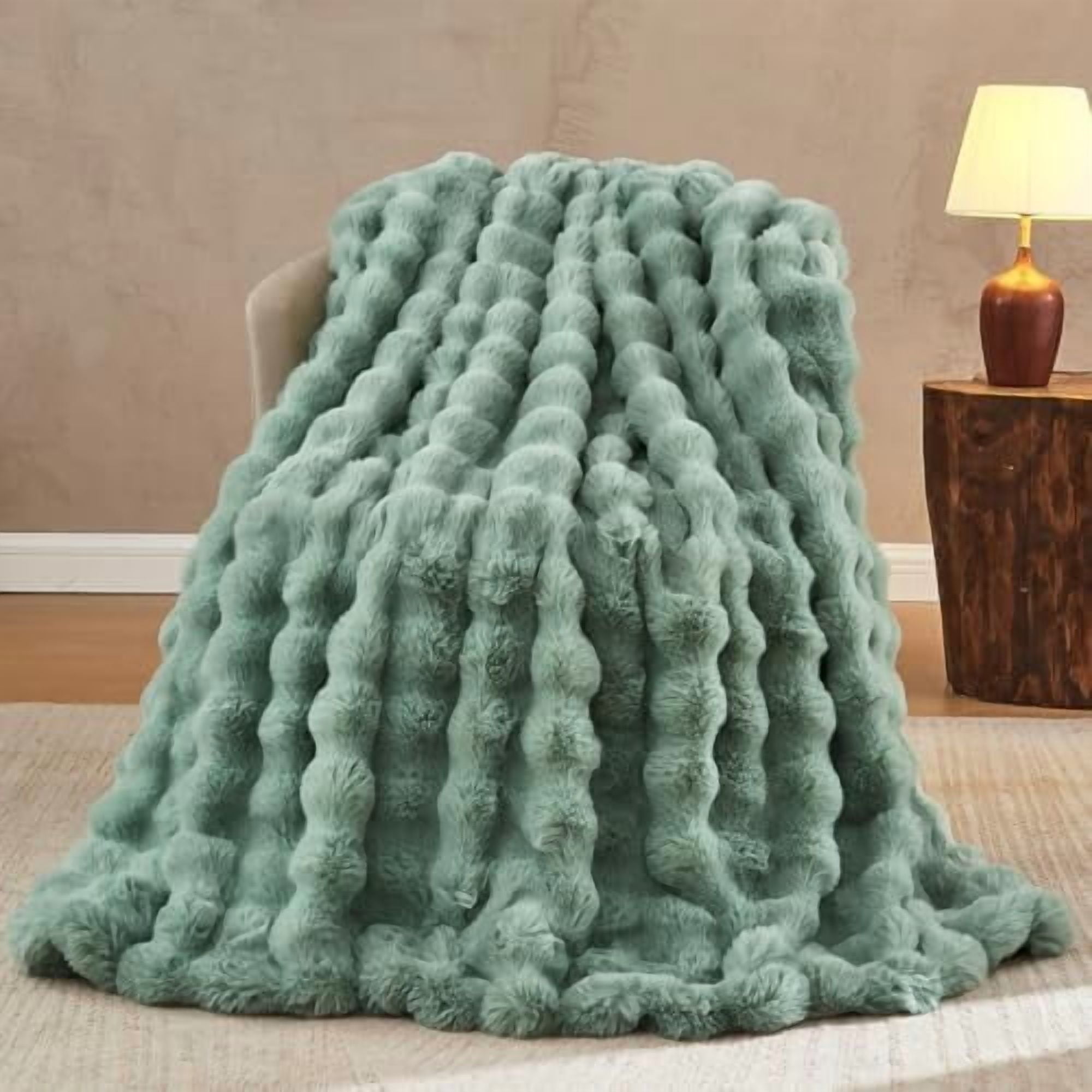 Faux Fur Throw Blanket Sage Green - Big Bubble Rabbit Fluff Blanket for ...