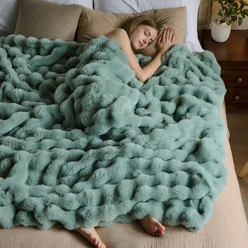Faux Fur Throw Blanket Sage Green - Big Bubble Rabbit Fluff Blanket for ...