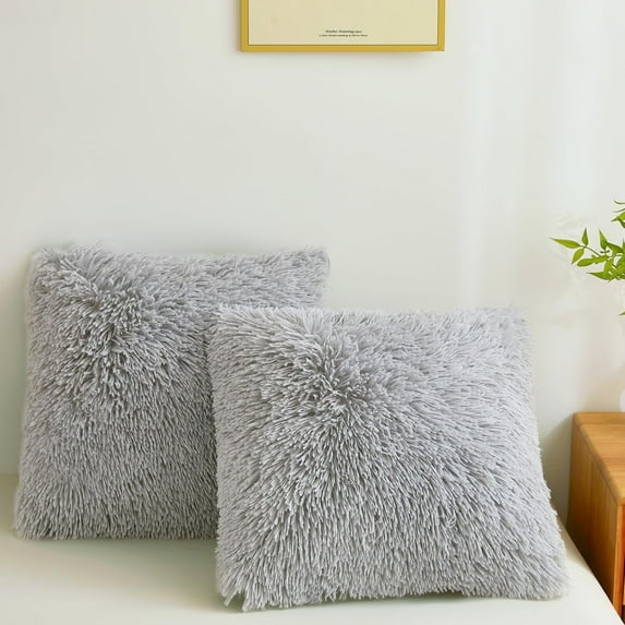 Faux Fur Throw Pillow Covers Gray 18"x18" Furry Shaggy Cushion Covers ...