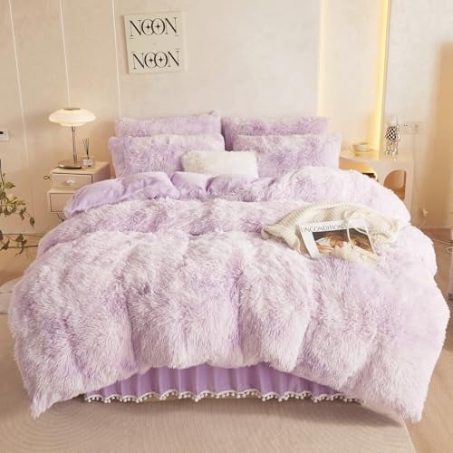 Faux Fur Tie Dye Purple Comforter Cover Queen Set, Soft Fuzzy Fluffy ...