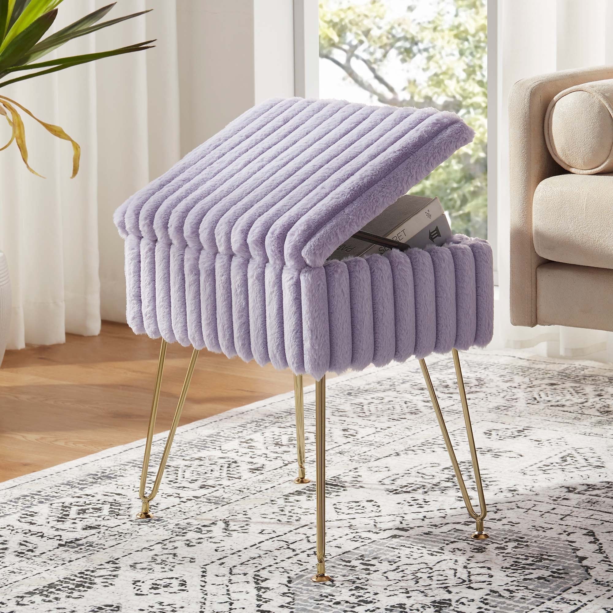 Ebenchico Faux Fur Uphosltered Vanity Stool with Storage and Metal Legs ...