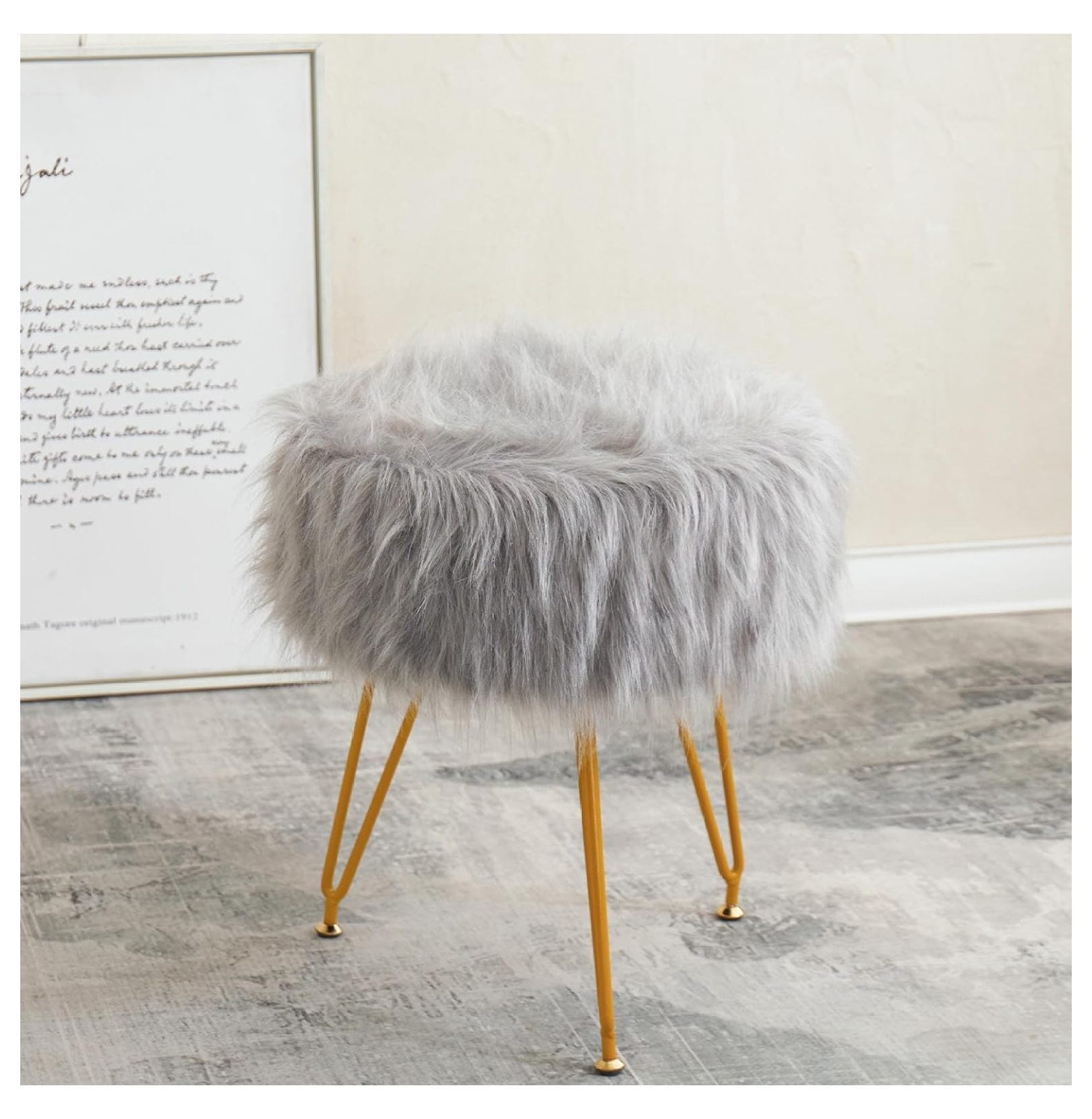 Faux Fur Vanity Stool Chair, Soft Furry Ottoman Furry Makeup Stool ...