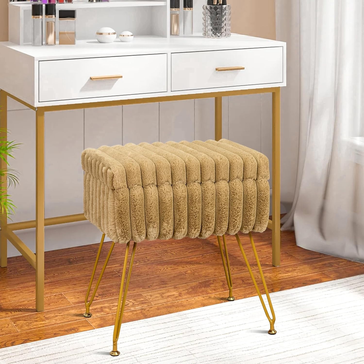 Faux Fur Vanity Stool Chair with Storage Ottoman, Vanity Chair for ...