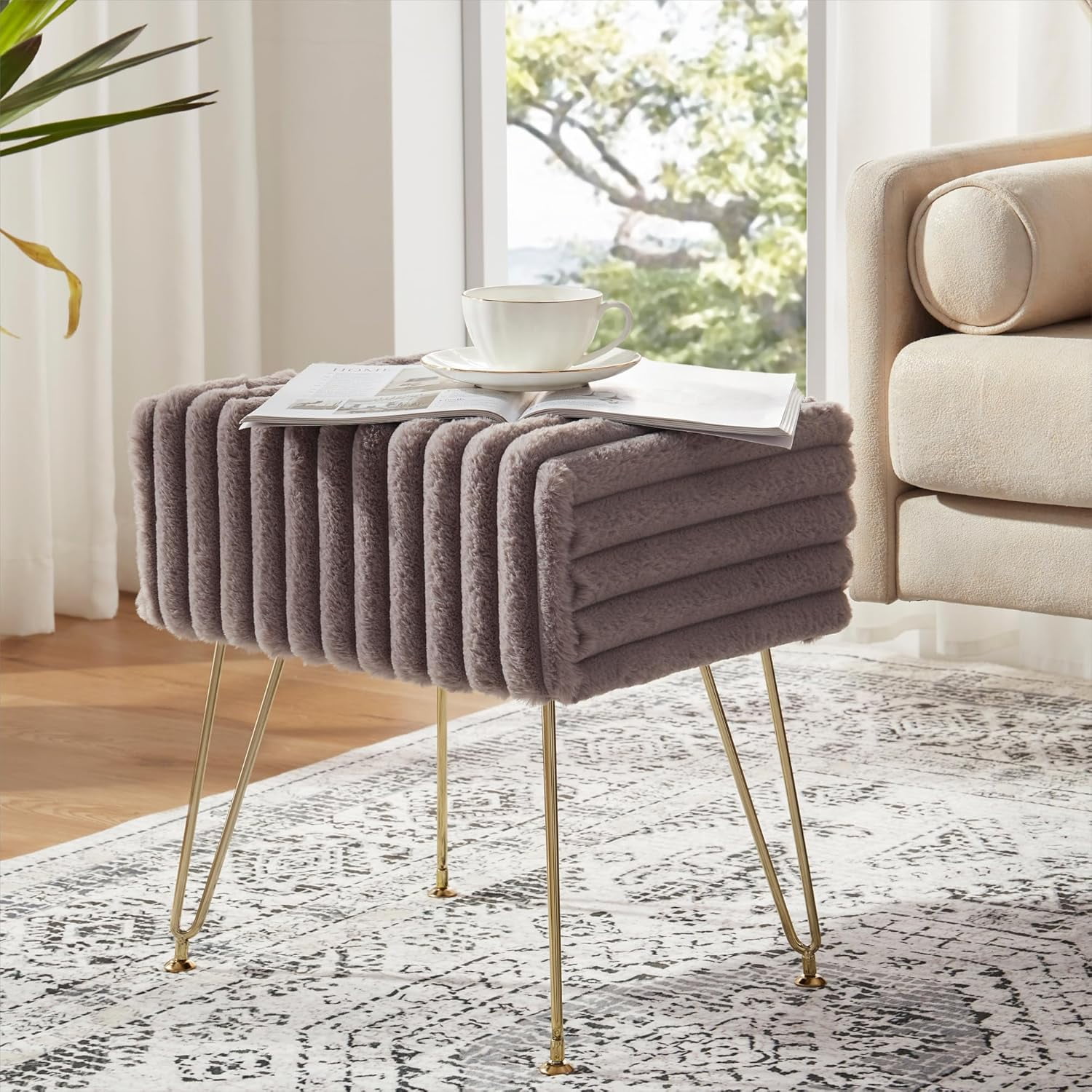 Faux Fur Vanity Stool Chair with Storage, Vanity Stool for Makeup, Foot ...