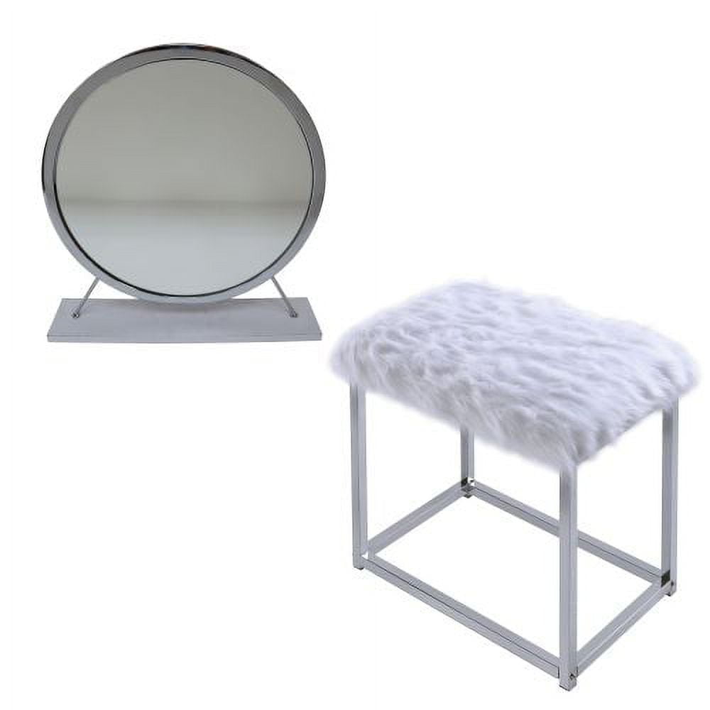 Faux Fur Vanity Stool+Mirror, Fluffy Foot Stool Ottoman Shaggy Long ...