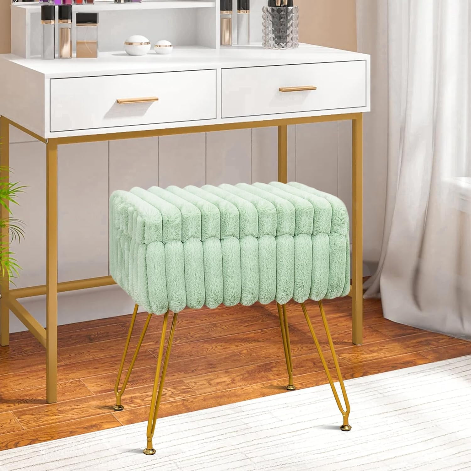 Faux Fur Vanity Stool with Storage Ottoman, Vanity Chair for Makeup ...