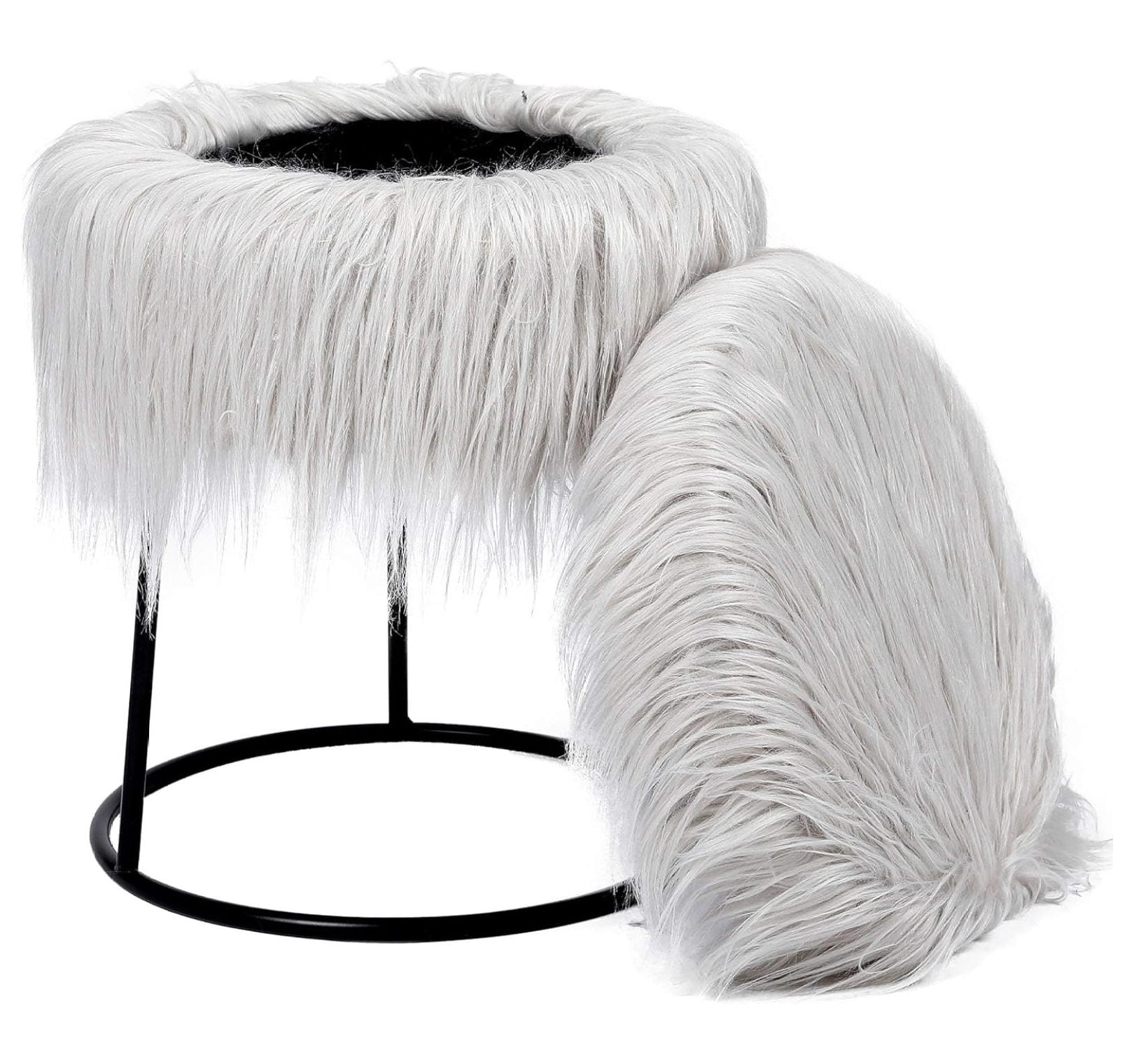 Faux Fur Vanity Stool with Storage - Grey Round Ottoman - Makeup Chair ...
