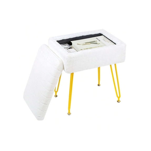 Faux Fur Vanity Stool with Storage & Soft Ottoman Seat, Anti-Slip Metal ...