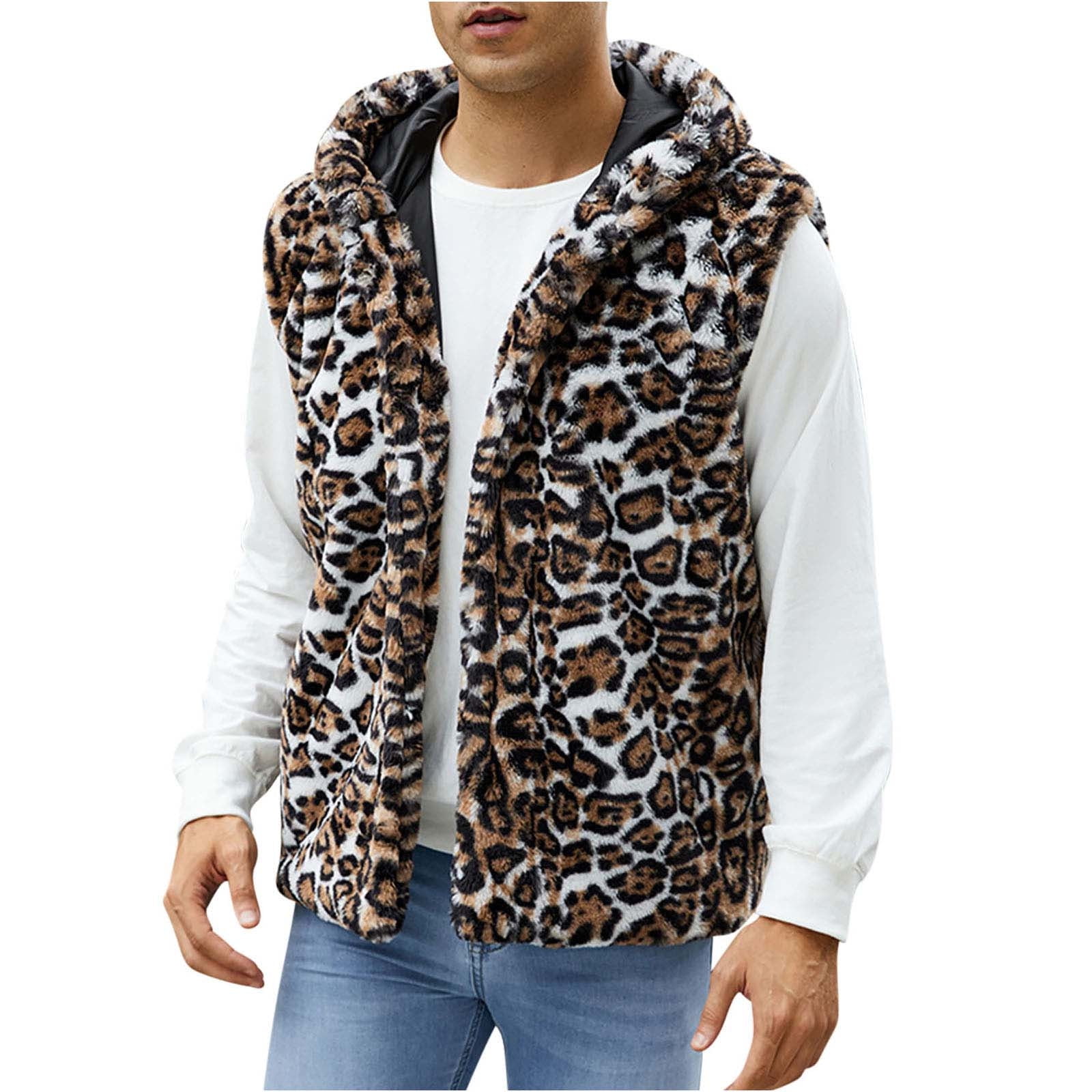 Faux Fur Vest for Men Warm Winter Leopard Print Fleece Vest Fluffy ...