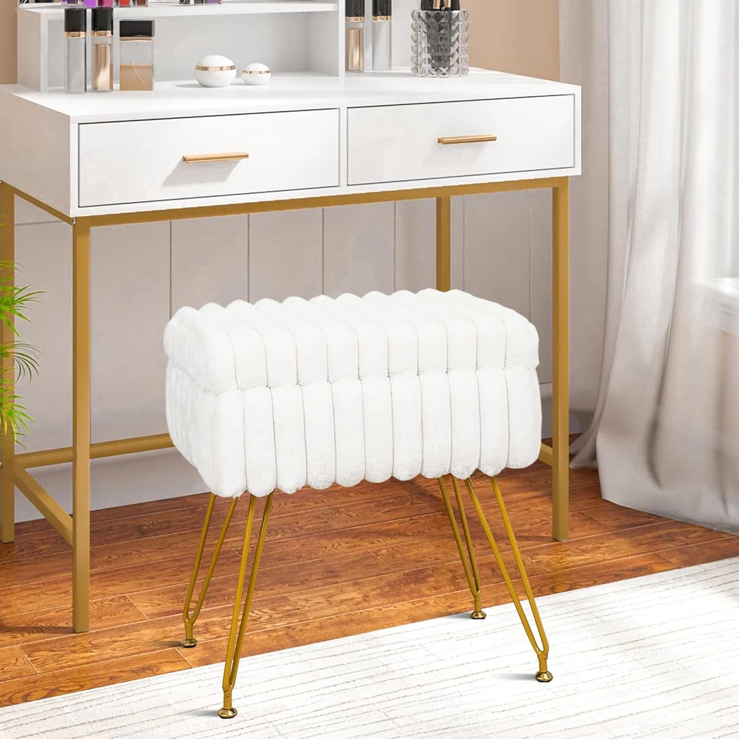 Faux Fur White Vanity Stool Chair with Storage Ottoman, Vanity Chair ...