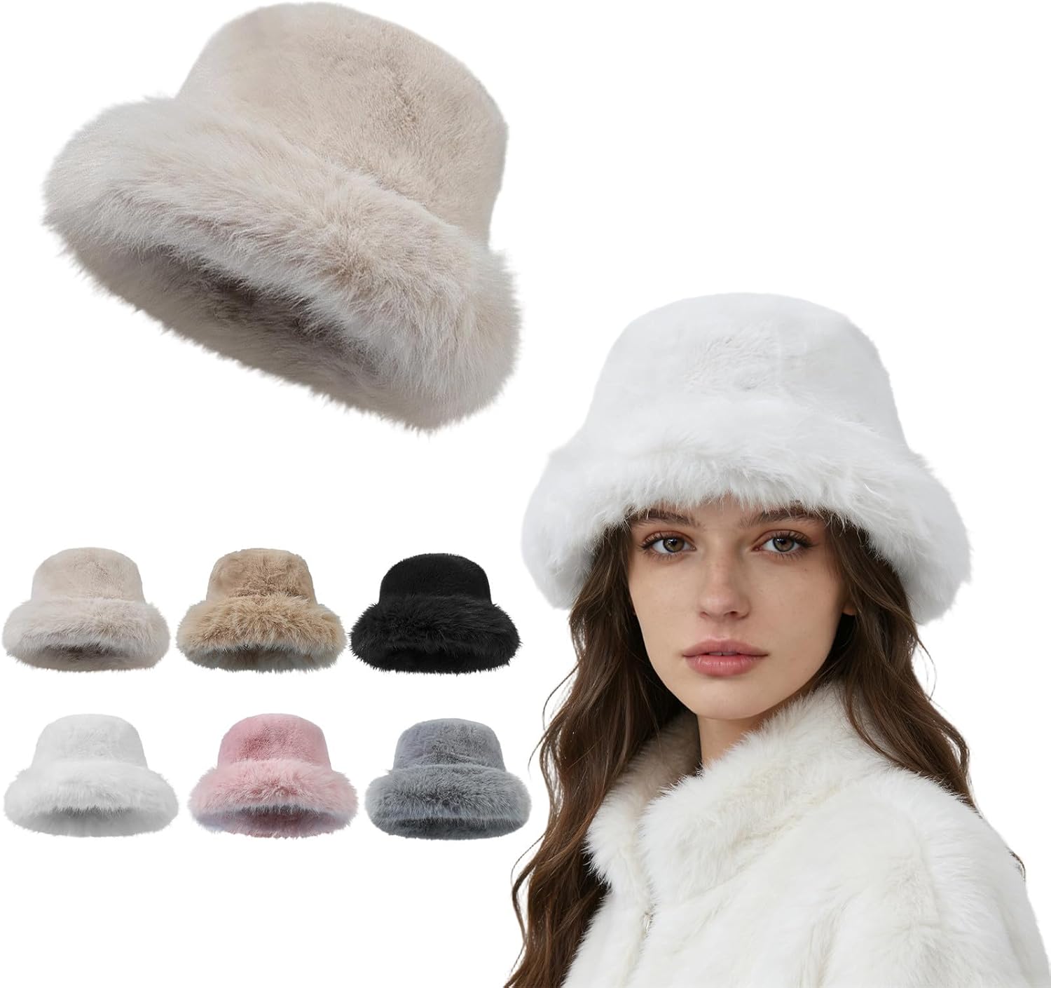 Faux Fur Winter Bucket Hats for Women Fuzzy Warm Plush Nordic Style Hat ...