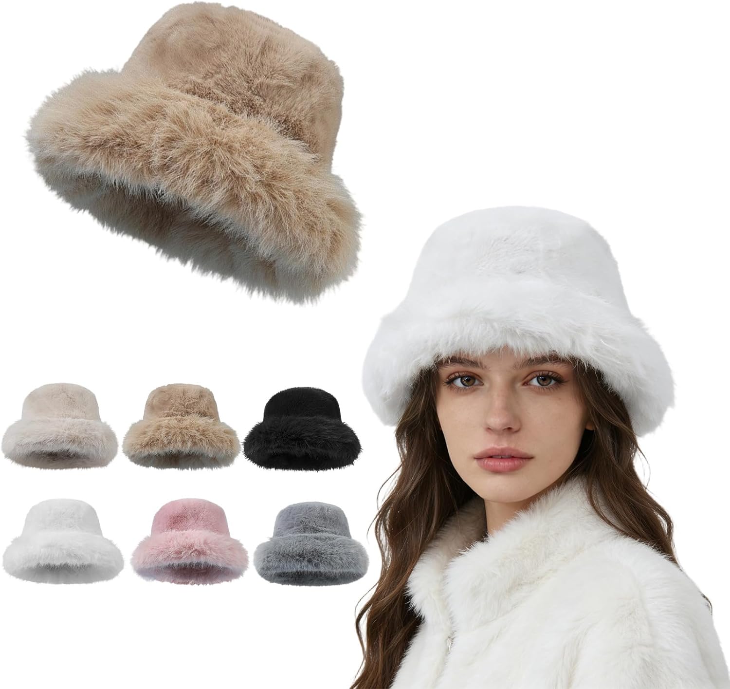 Faux Fur Winter Bucket Hats for Women Fuzzy Warm Plush Nordic Style Hat ...