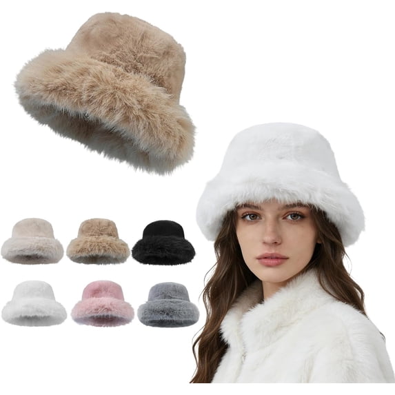 Faux Fur Winter Bucket Hats for Women Fuzzy Warm Plush Nordic Style Hat ...