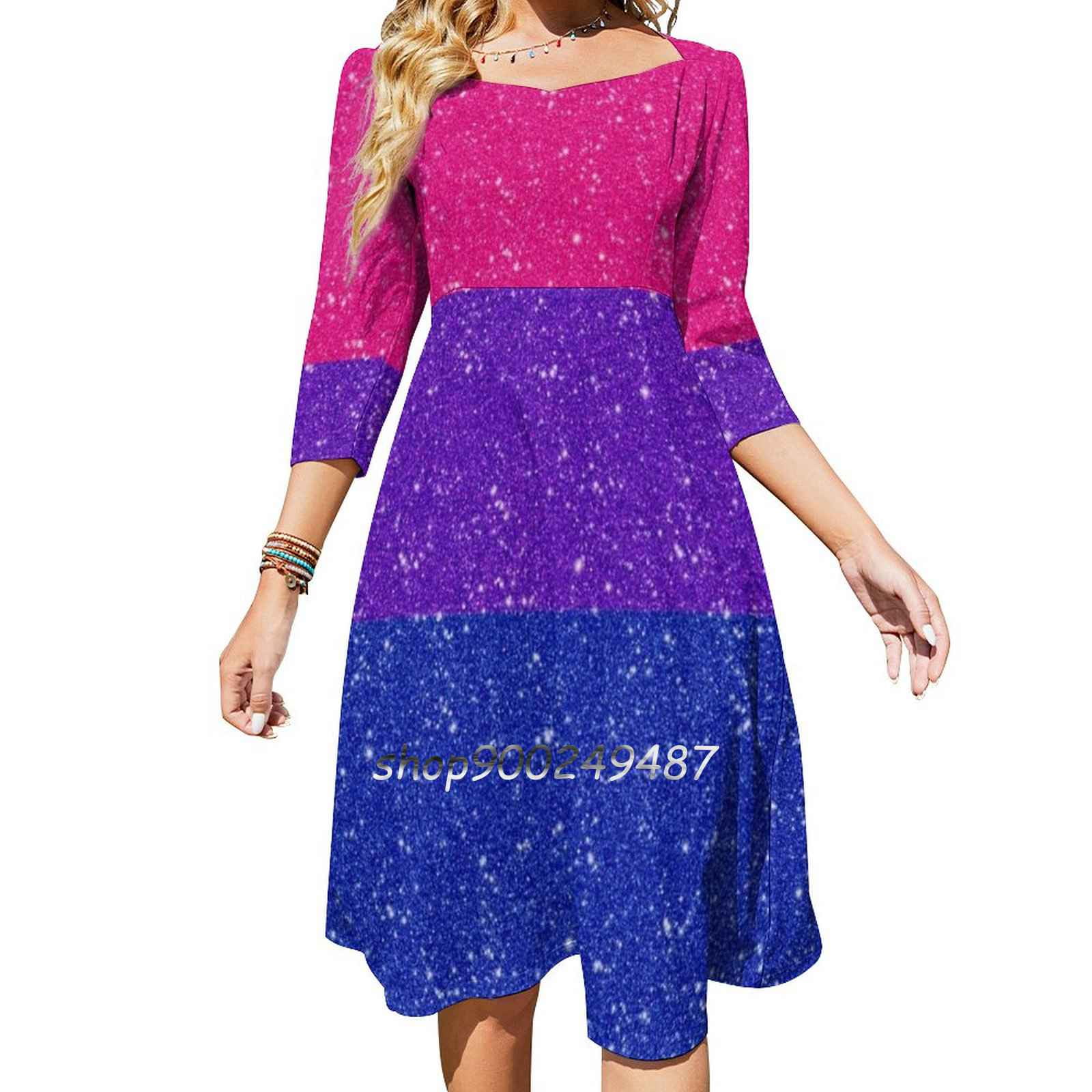 Faux Glitter Bisexual Pride Flag Flare Dress Square Neck Dress Elegant ...