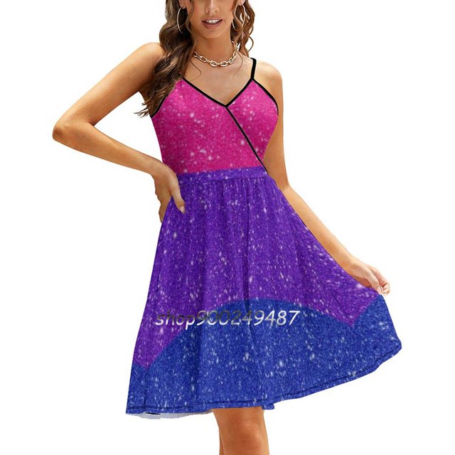 Faux Glitter Bisexual Pride Flag Flare Dress Square Neck Dress Elegant ...