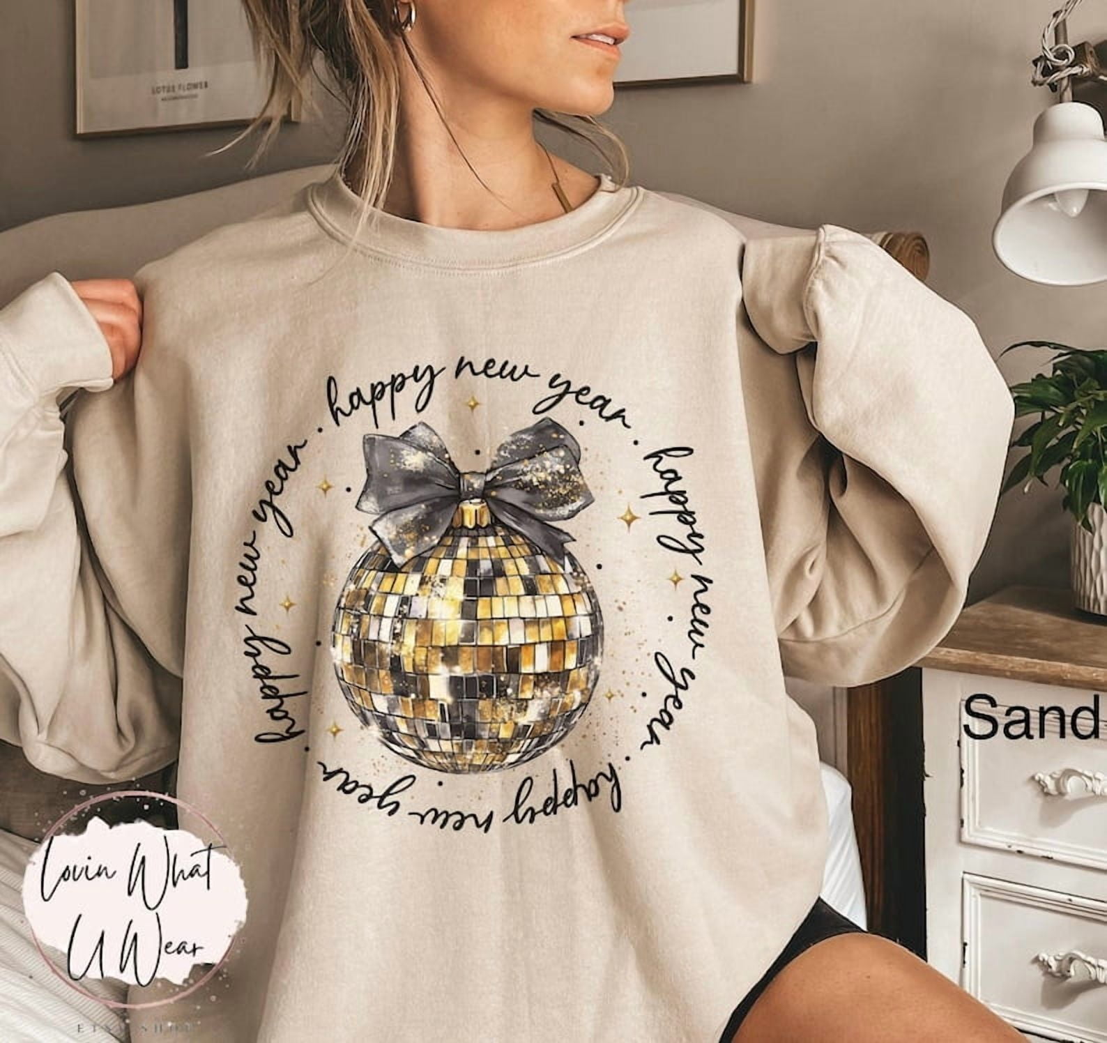 Faux Glitter Coquette Disco Ball New Years Sweatshirt Happy New Year ...